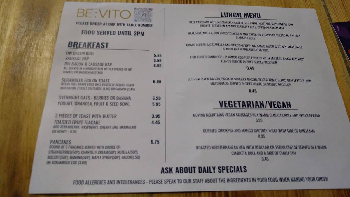 Menu at BE:VITO restaurant, Cwmbran
