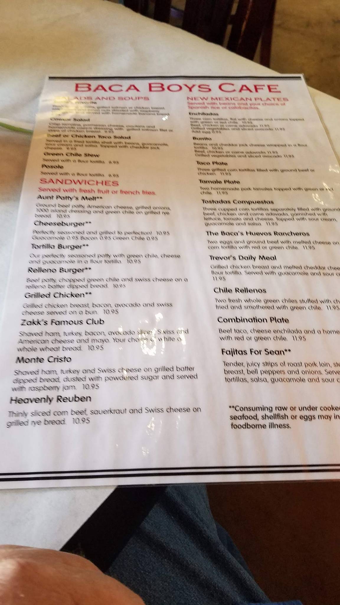 Menu at Baca Boys Cafe, Albuquerque
