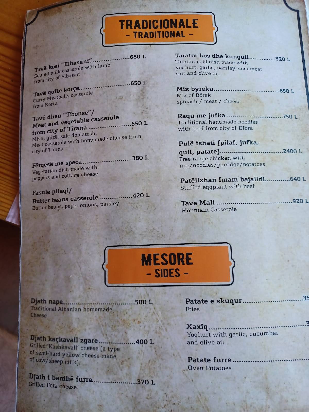 Menu at Dajti Balcony's restaurant, Tirana