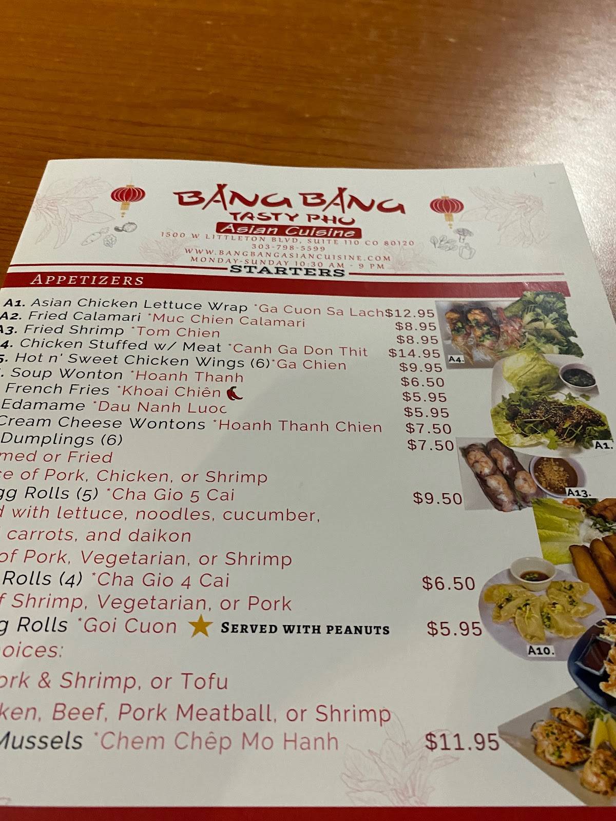 Menu at Bang Bang Asian Cuisine restaurant, Littleton