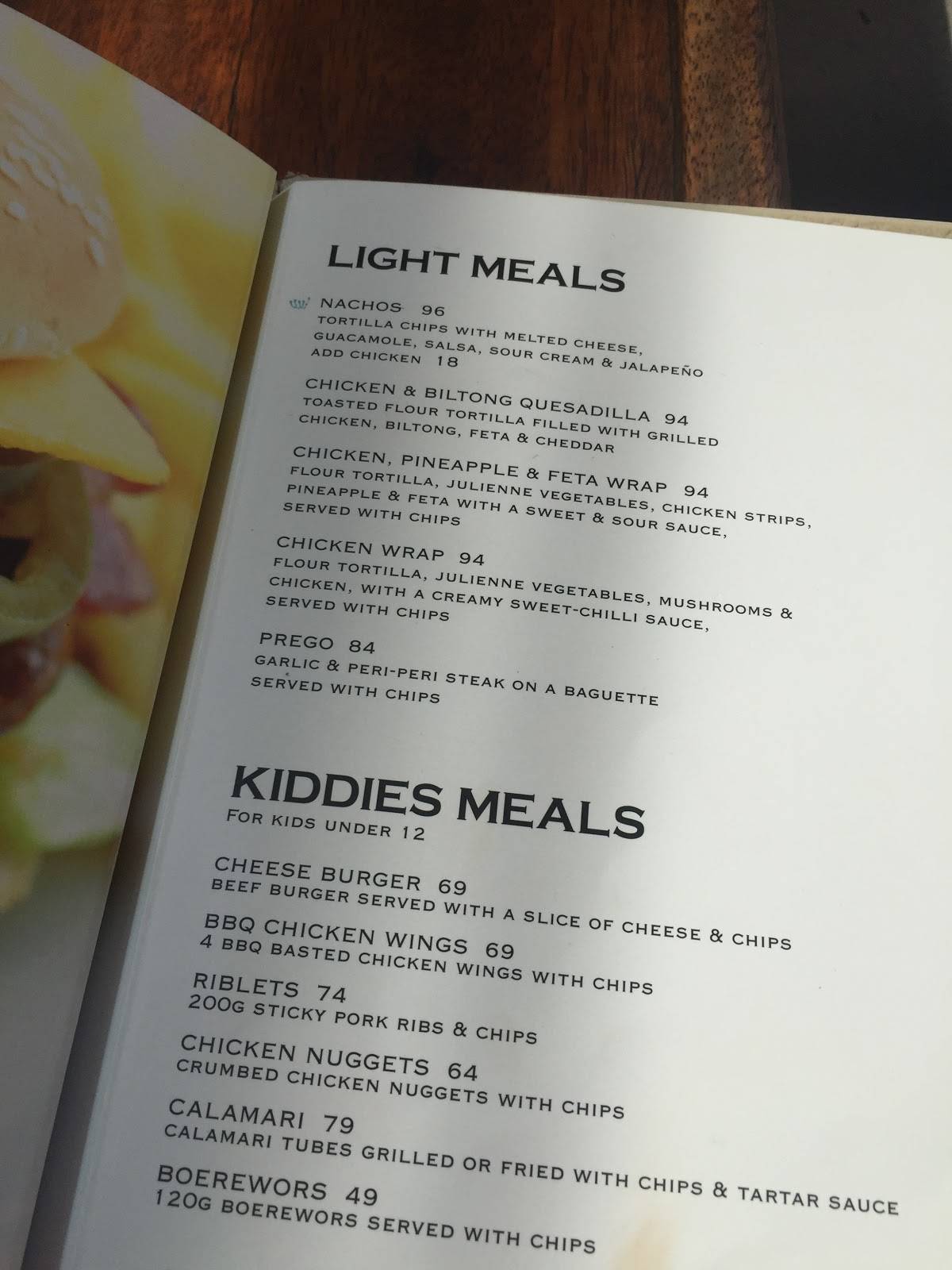 Menu at Baobab Cafe & Grill, Pretoria, Menlyn Shopping Centre
