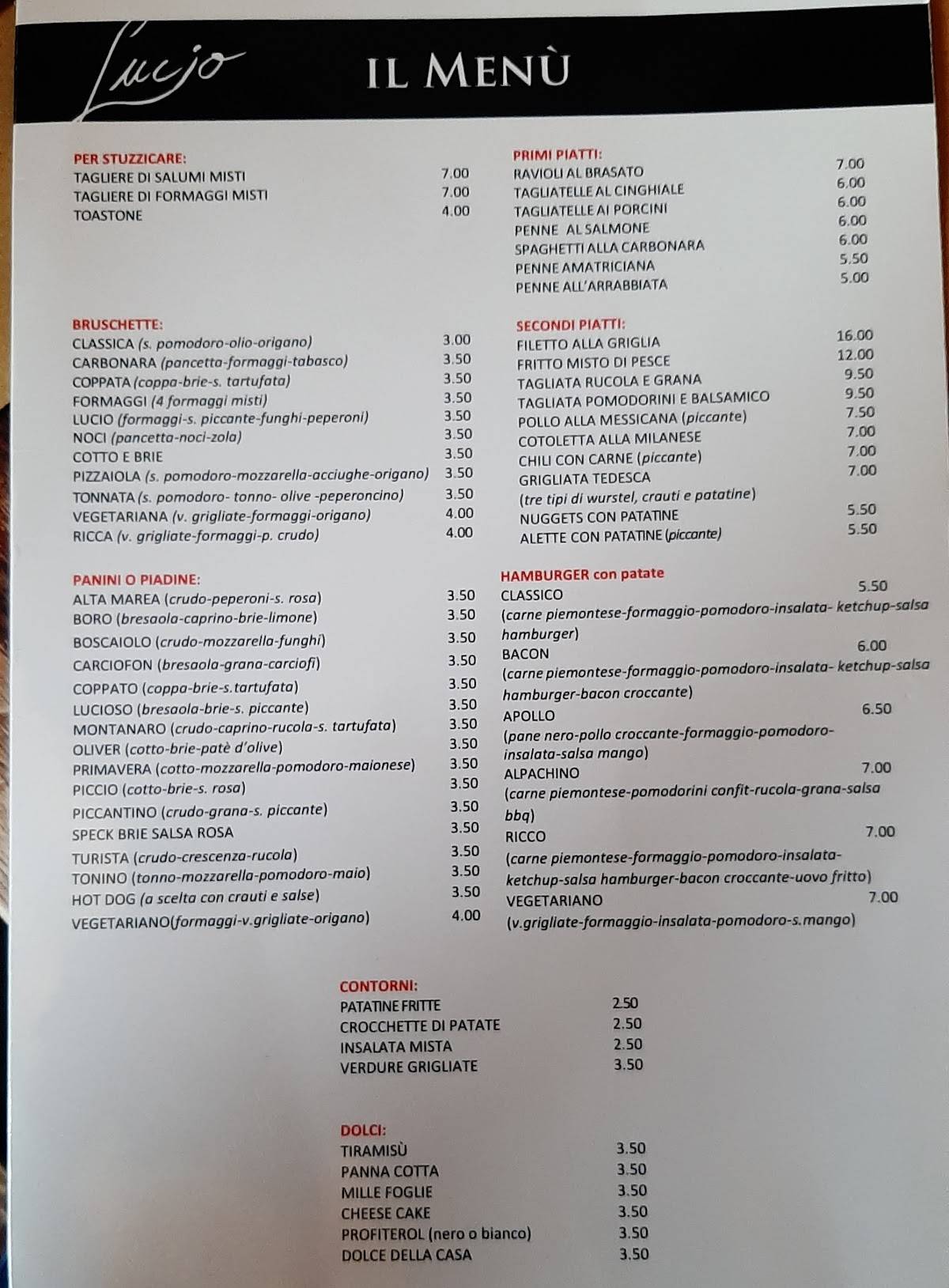 Menu da Bar Da Lucio, Codevilla