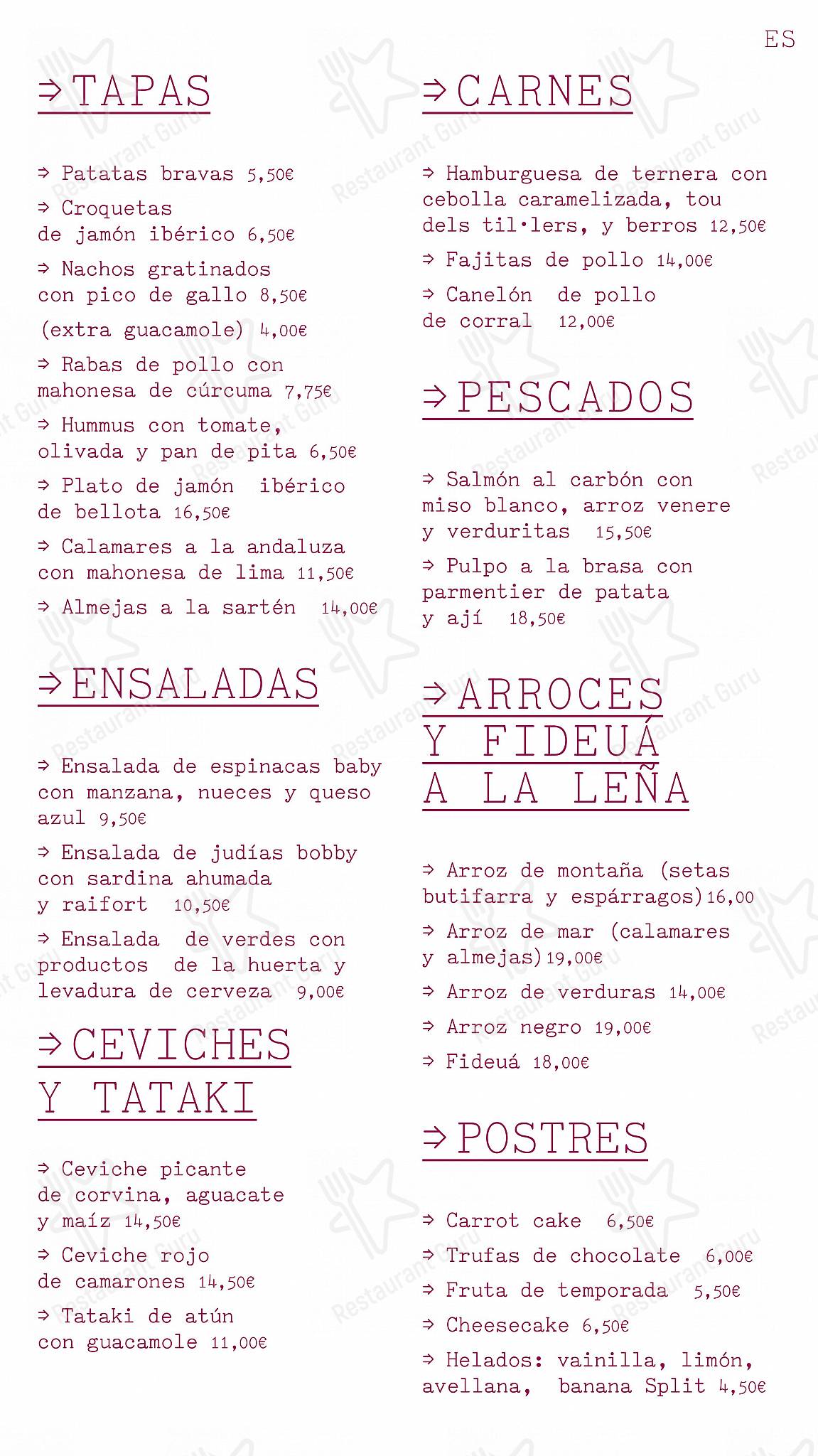 Menu at Bar Lobo, Barcelona