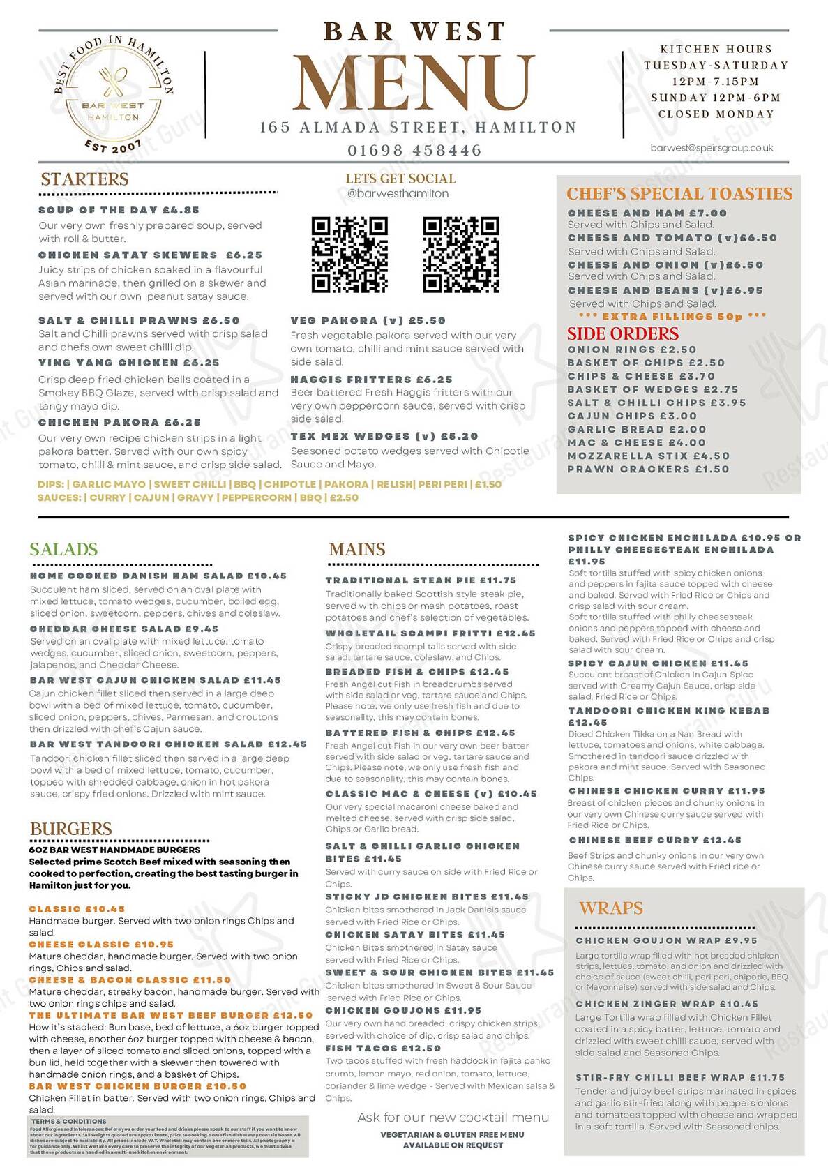 Menu at Bar West, Hamilton