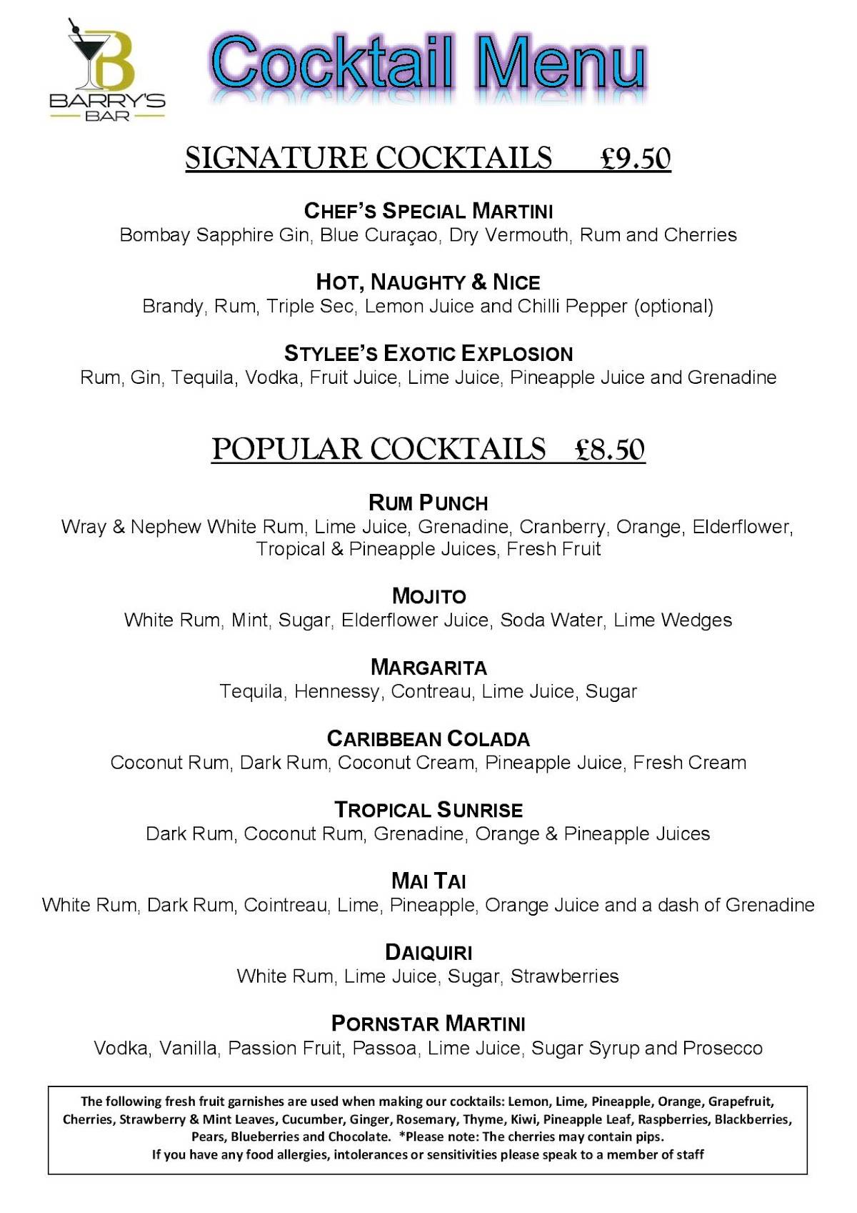 Menu at Barry's Bar, London