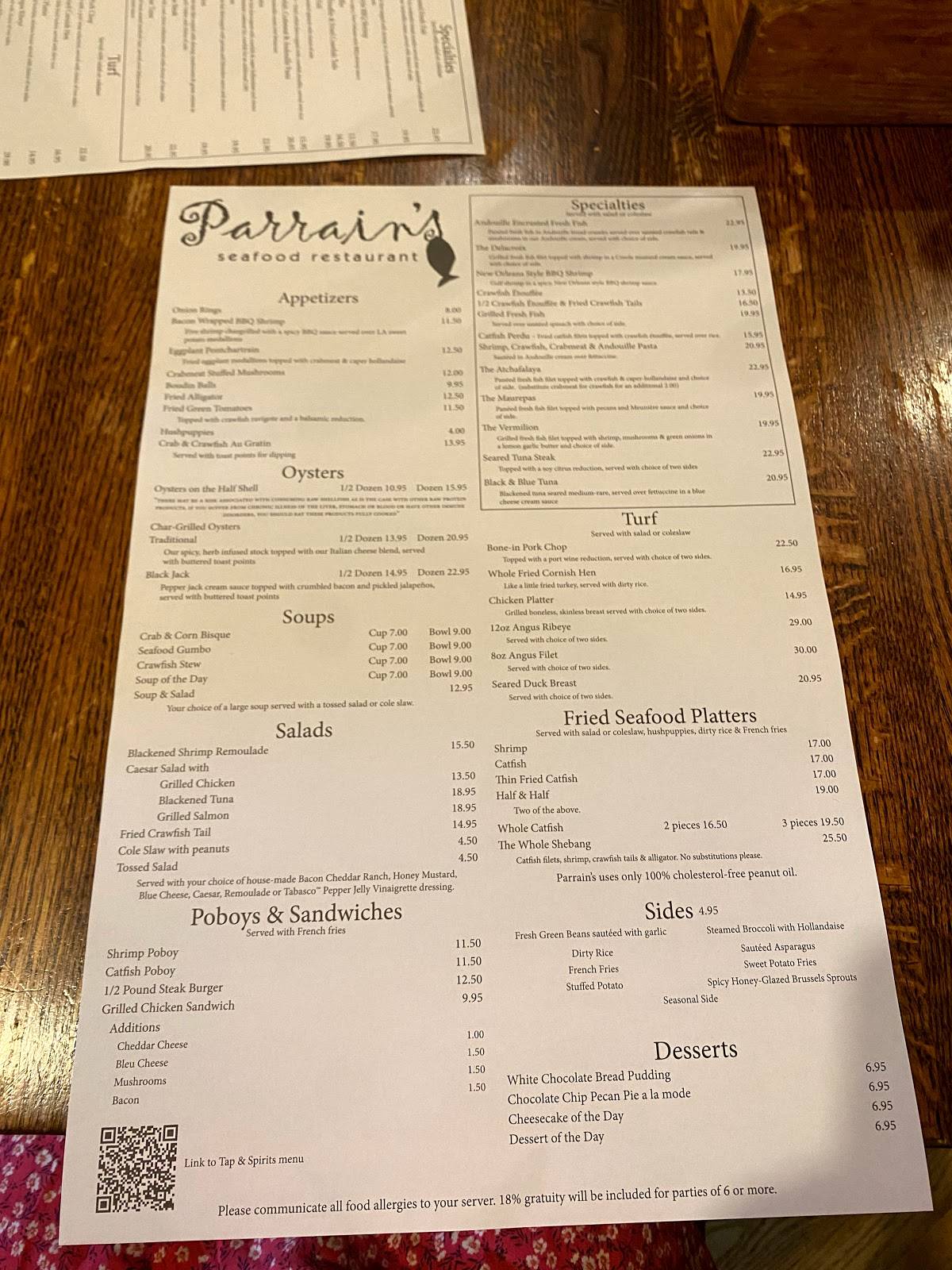 Menu at Parrain's Seafood Restaurant, Baton Rouge