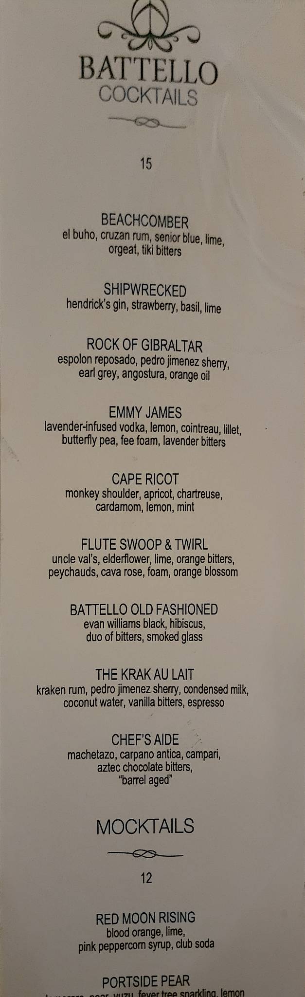Menu at Battello restaurant, Jersey City