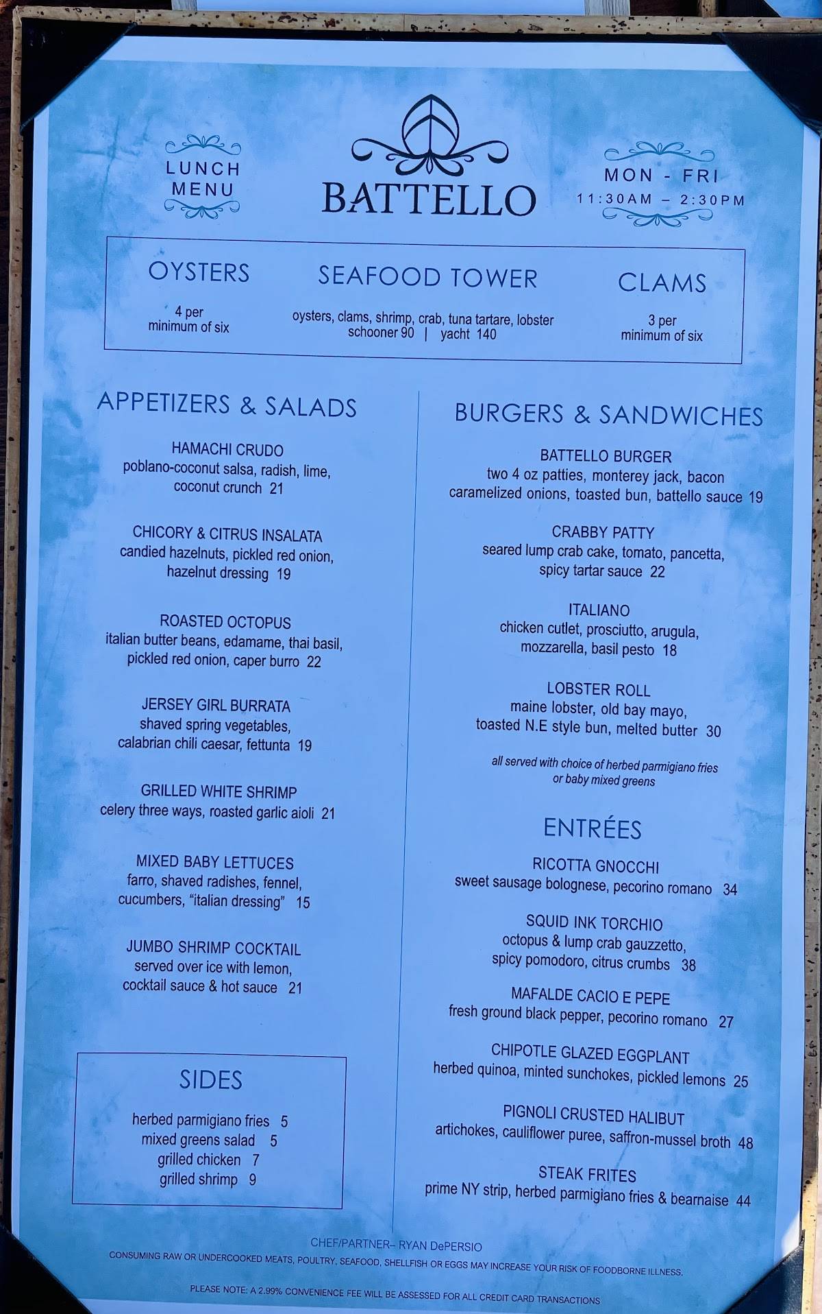 Menu at Battello restaurant, Jersey City