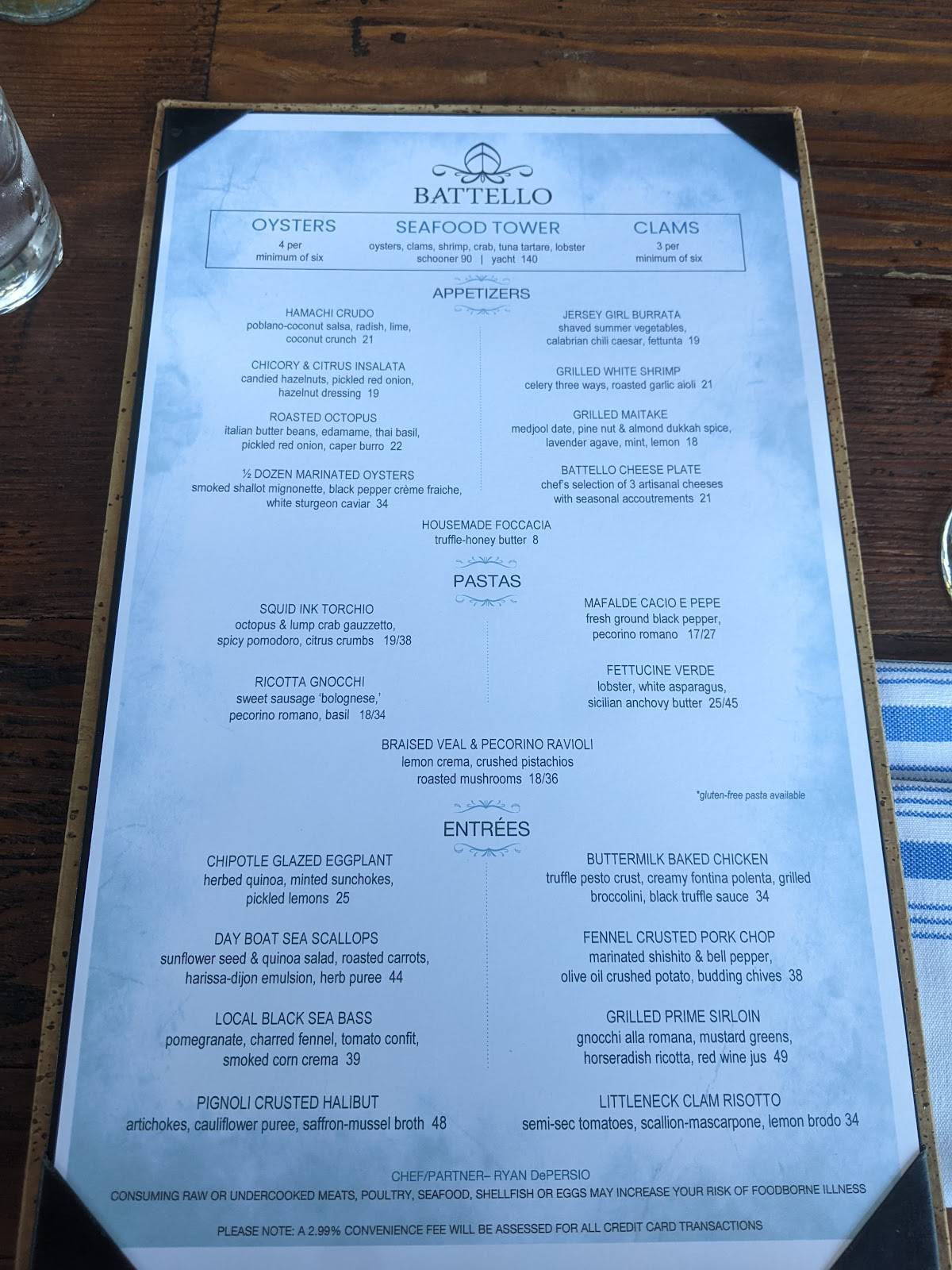 Menu at Battello restaurant, Jersey City