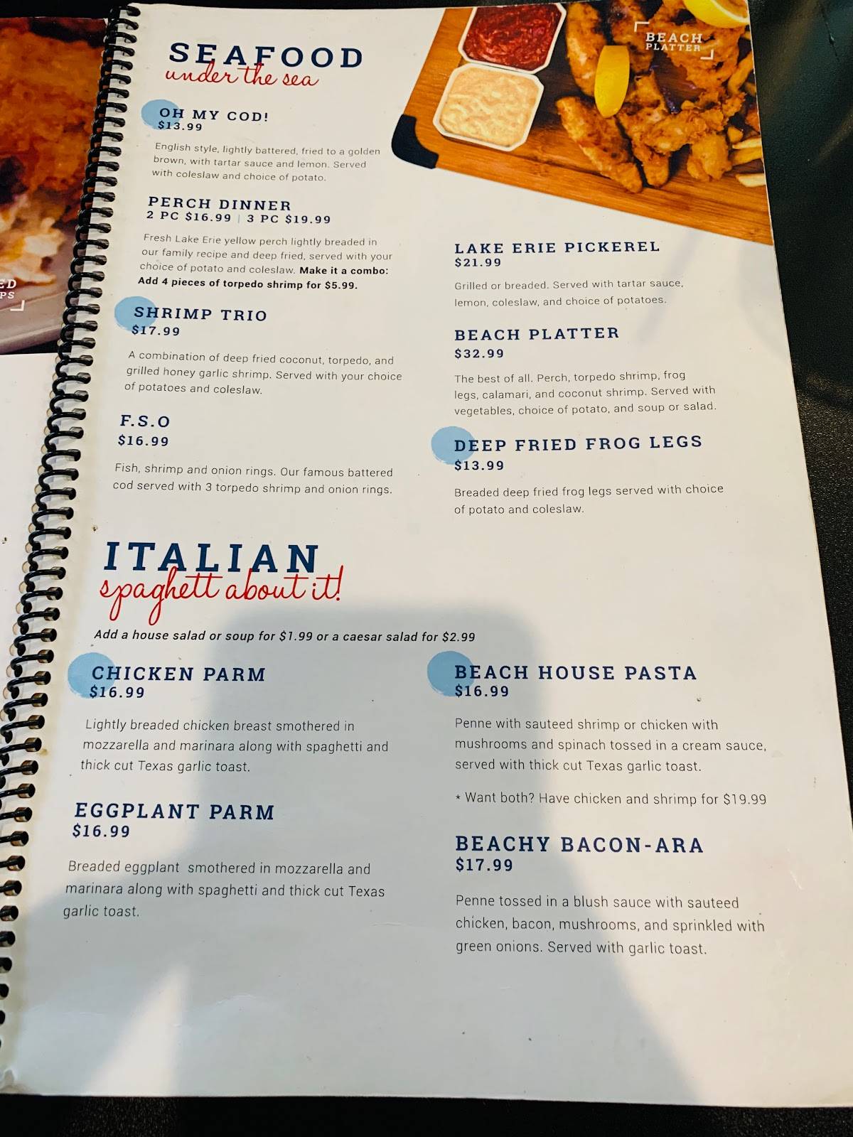 Menu at Beach House Grill restaurant, Kingsville