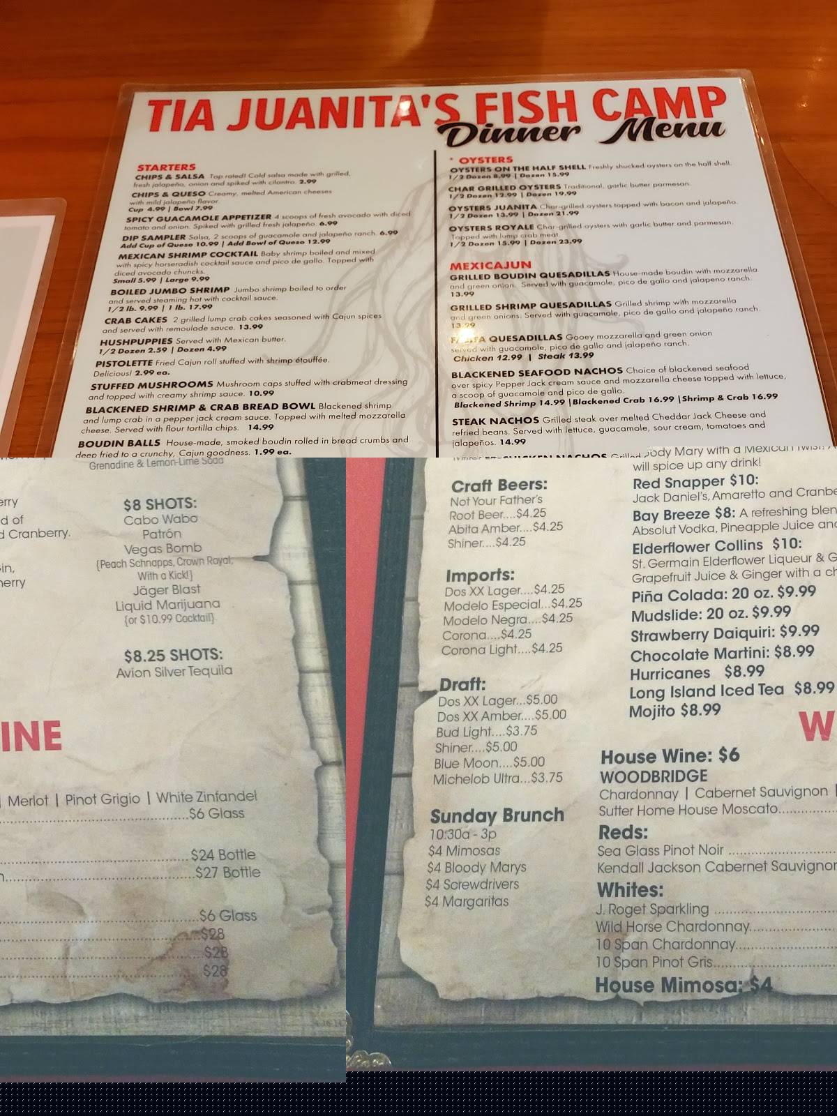 Menu at Tia Juanita's Fish Camp restaurant, Beaumont, Calder Ave