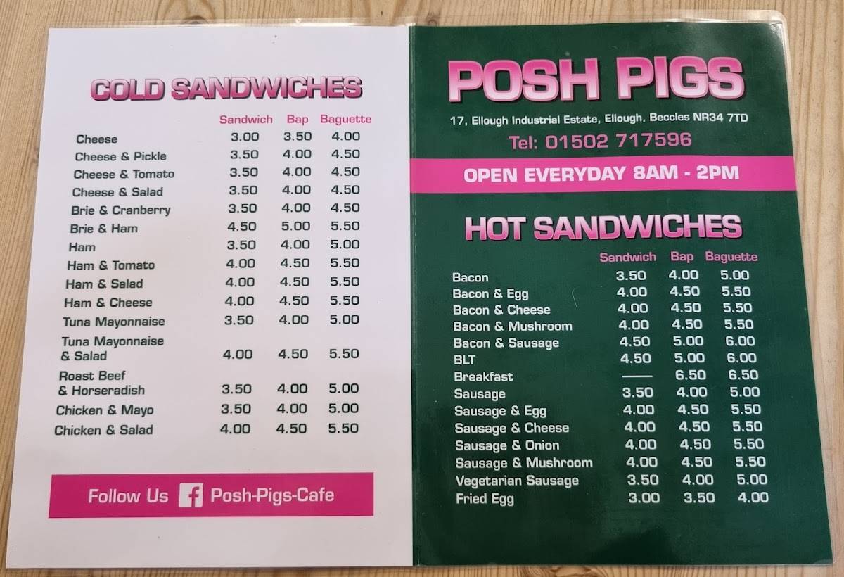 Menu at Posh Pigs Café Ltd. cafe, Beccles