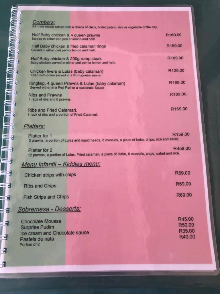 Menu at Beira Mar Portuguese Restaurant, Cape Town
