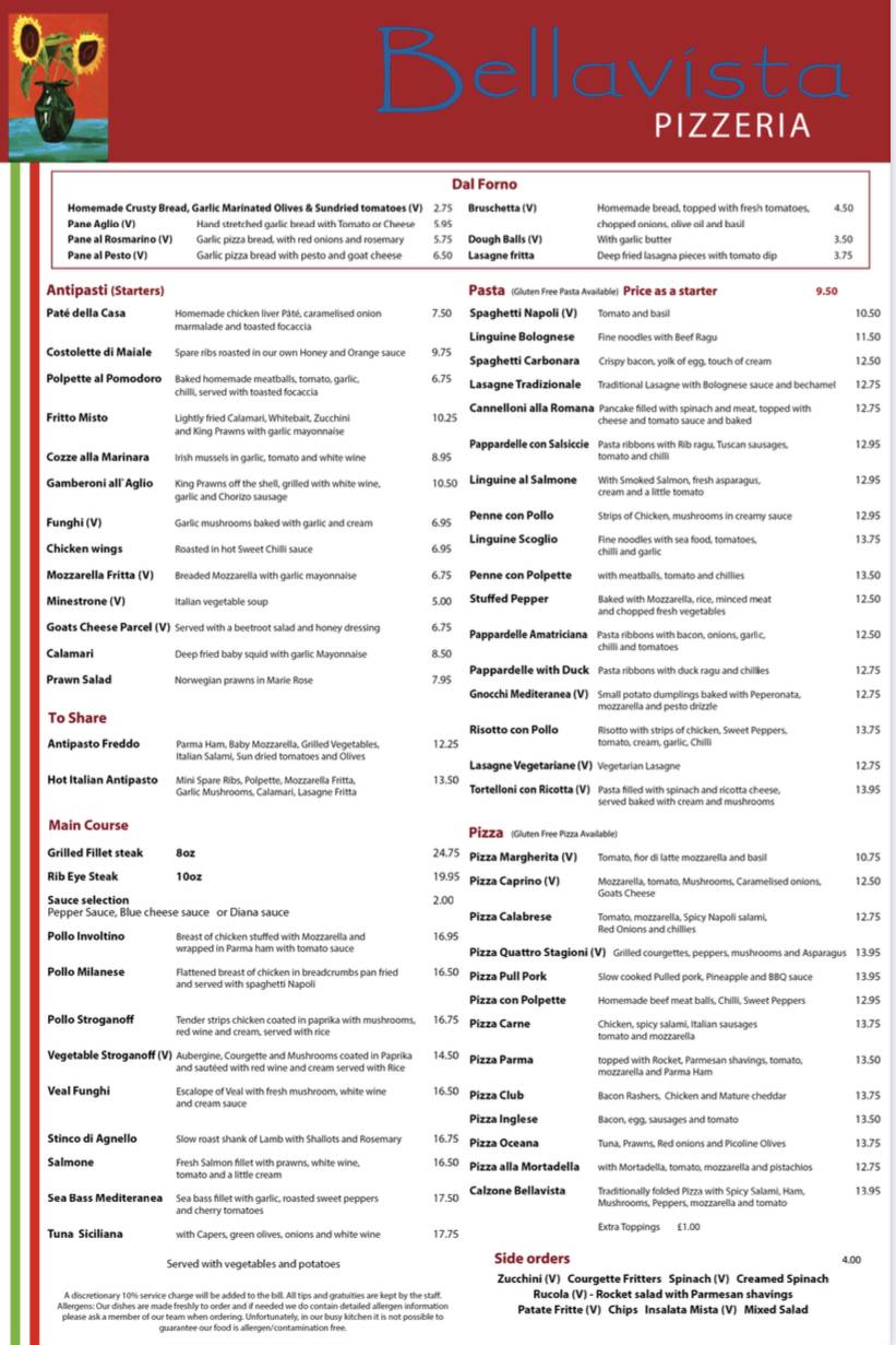Menu at Bellavista Restaurant, Rochdale, Wildhouse Ln