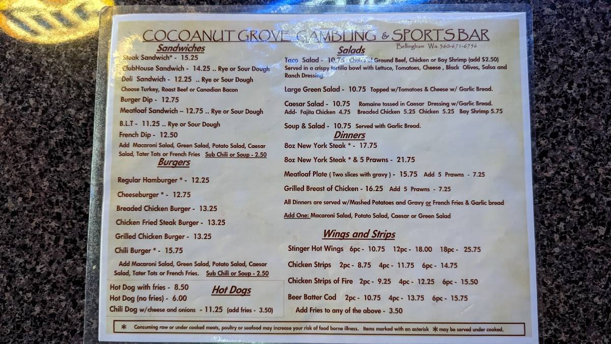 Menu at Cocoanut Grove pub & bar, Bellingham
