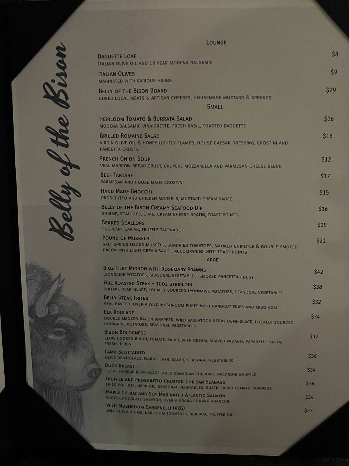 Menu at Belly of the Bison restaurant, Whitehorse
