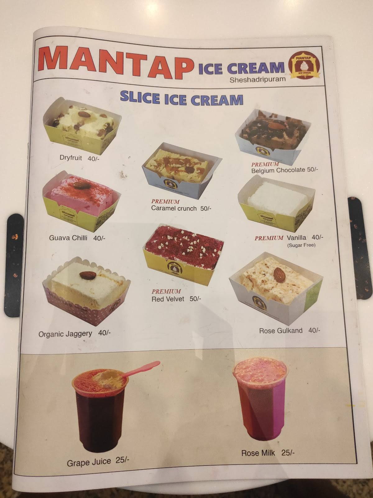 Menu at Mantap Ice Cream, Bengaluru