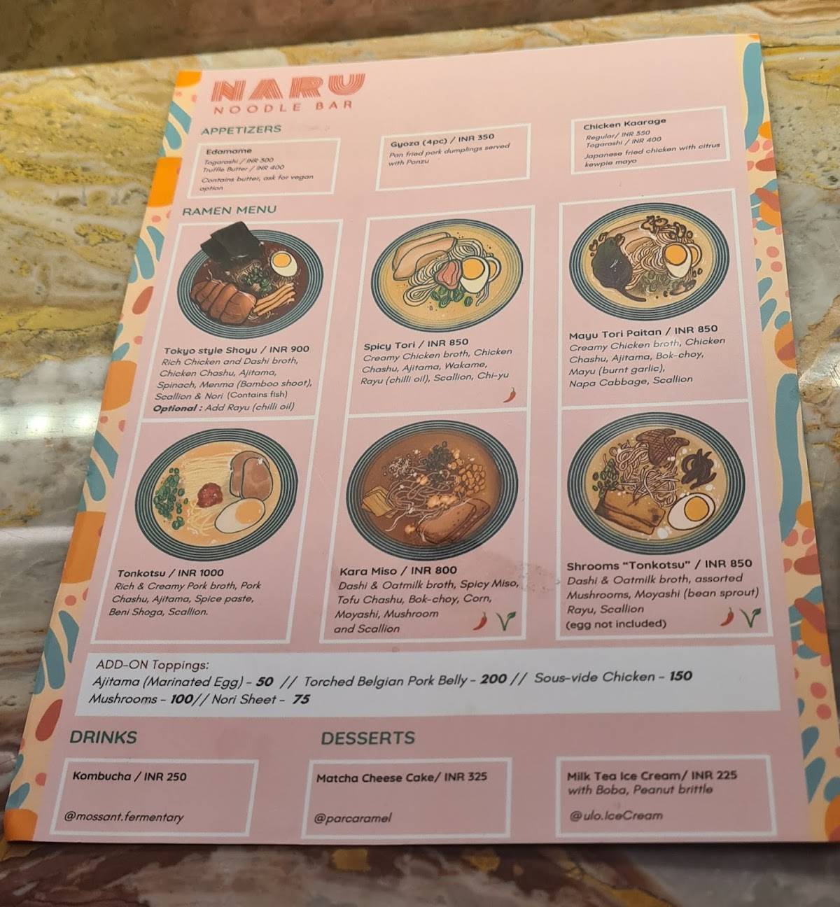 Menu at Naru Noodle Bar, Bengaluru