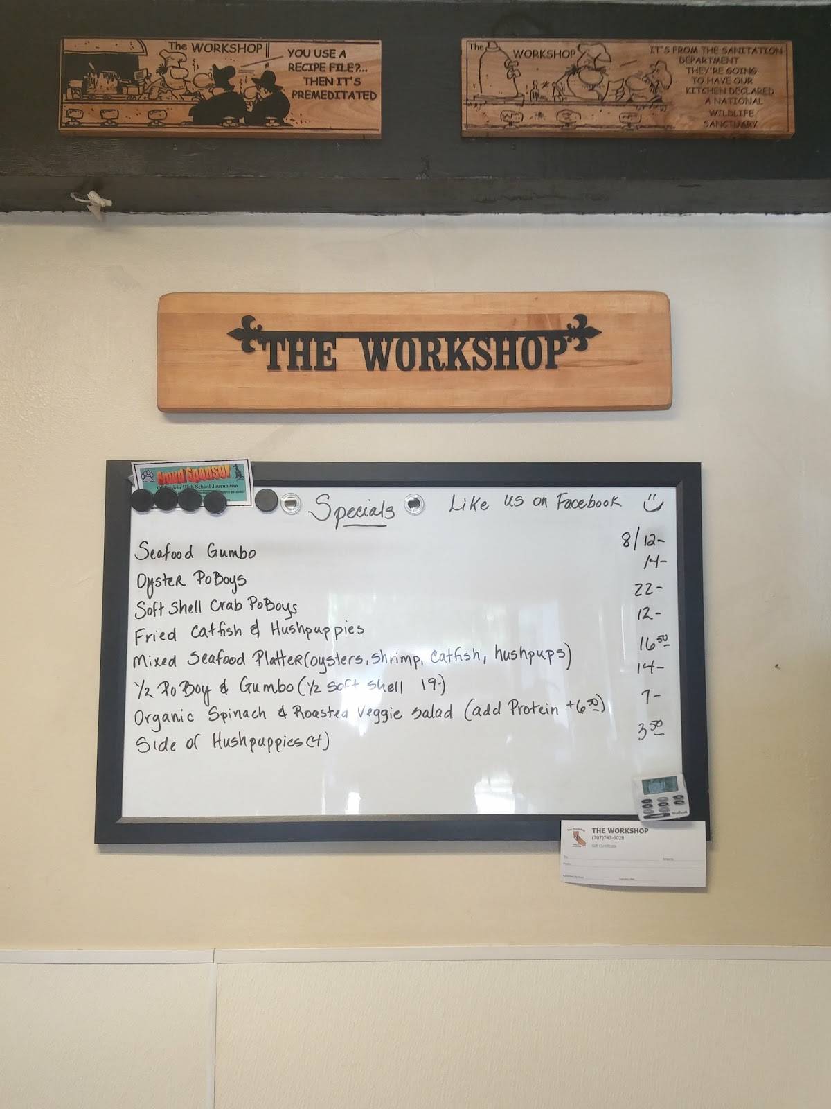 Menu at The Workshop restaurant, Benicia