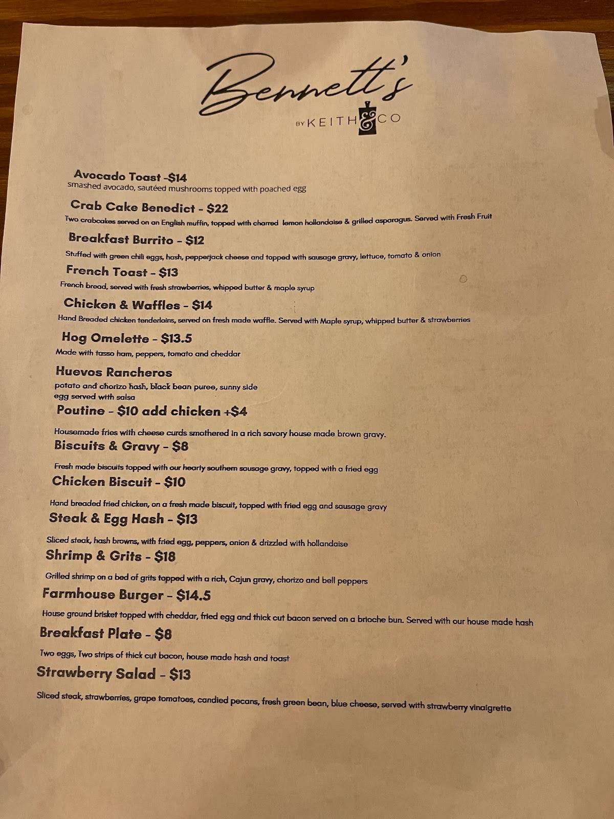 Menu at Bennett’s Casual Dining restaurant, Sherwood