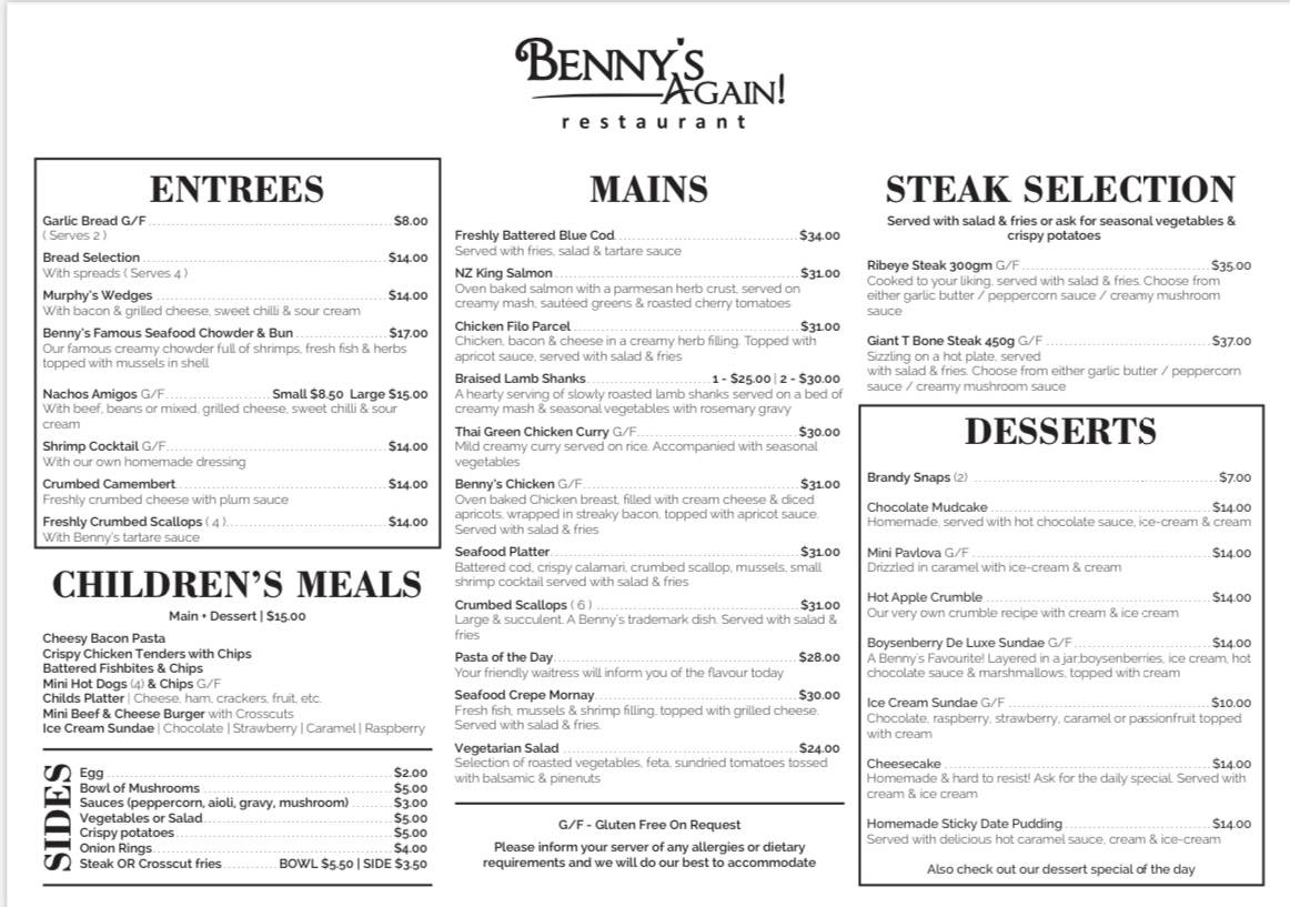 Menu at Benny's Again Restaurant, Timaru, 312 Otipua Rd