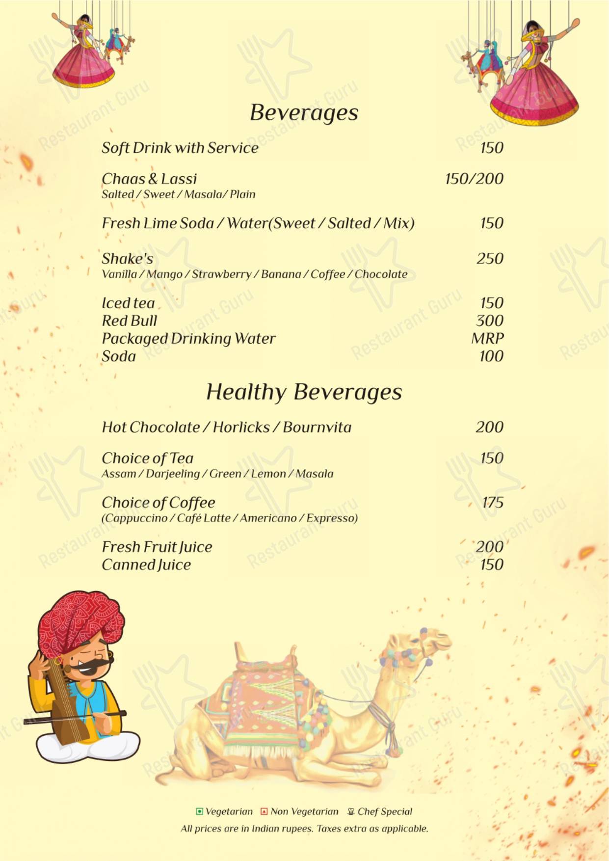 Menu at Bhanwar Singh Palace Jaipur, Bagru