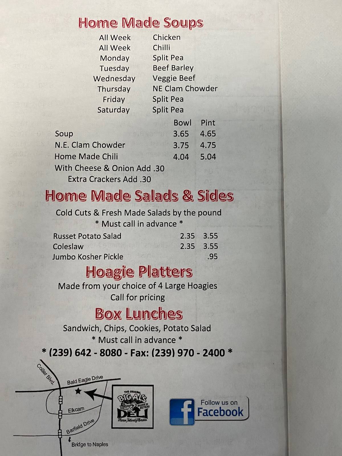 Menu at Big Al's restaurant, Marco Island
