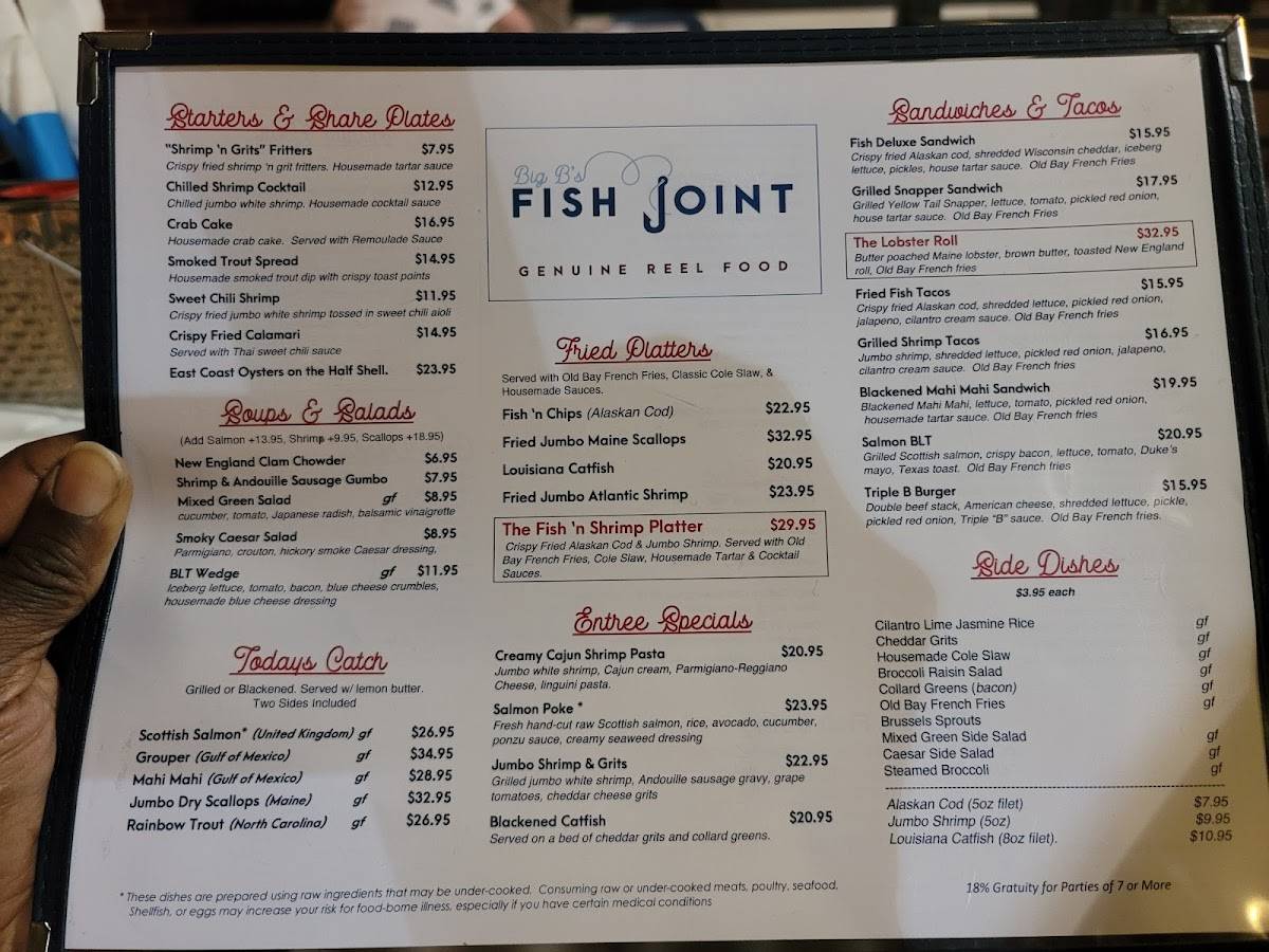 Menu at Big B's Fish Joint restaurant, Atlanta
