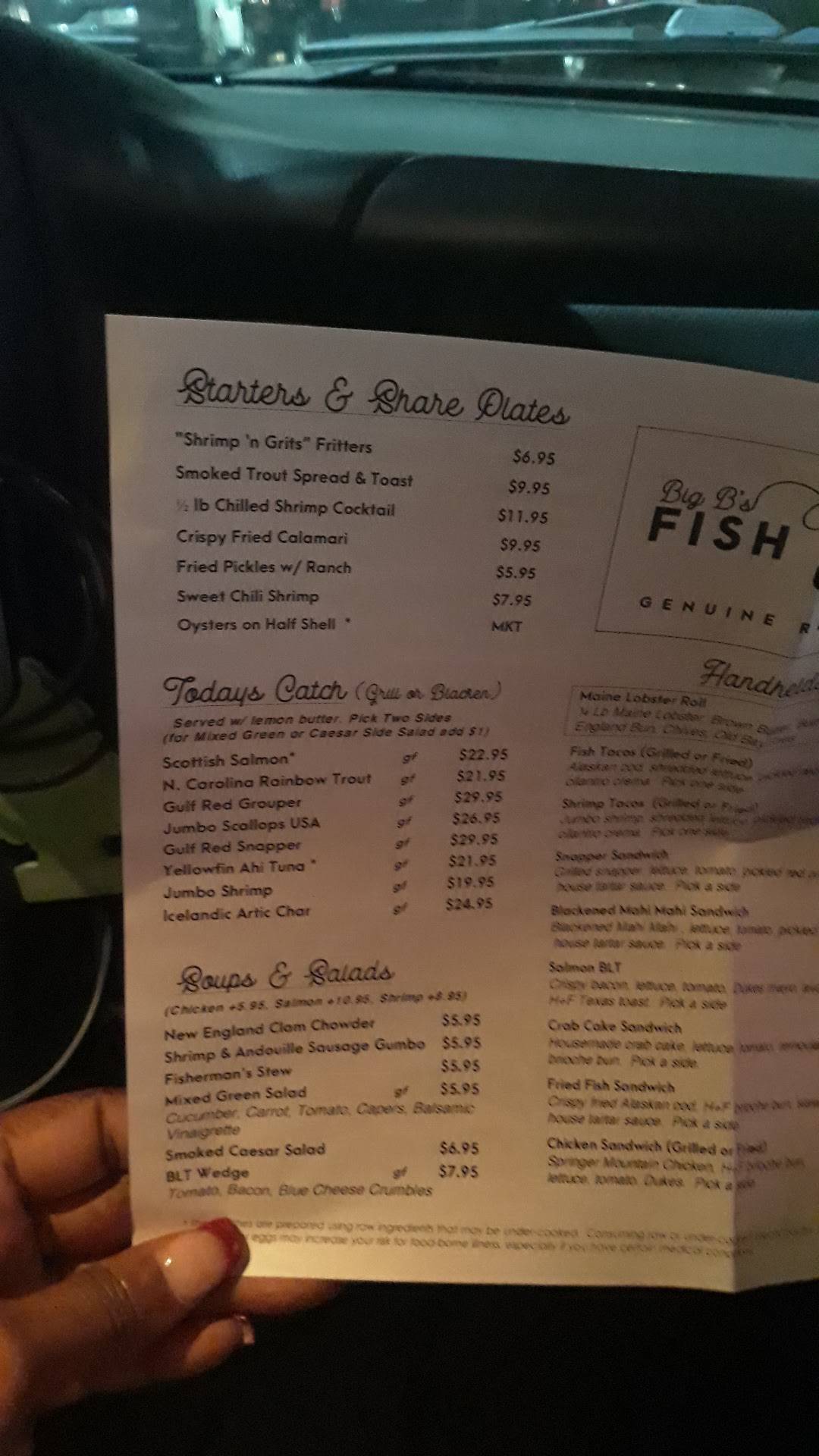 Menu at Big B's Fish Joint restaurant, Atlanta