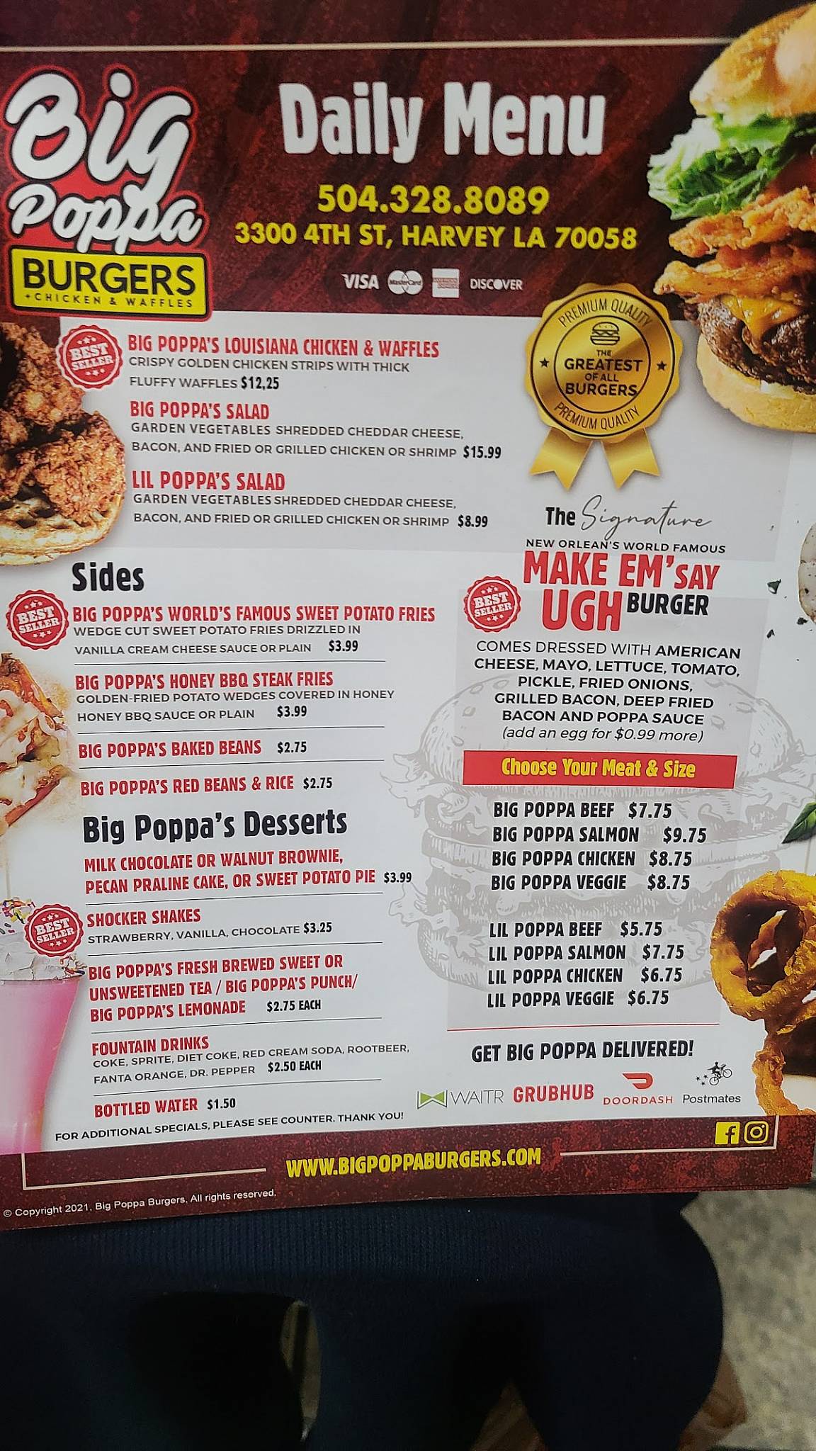 Menu at Big Poppa Burgers Chicken & Waffles restaurant, Harvey