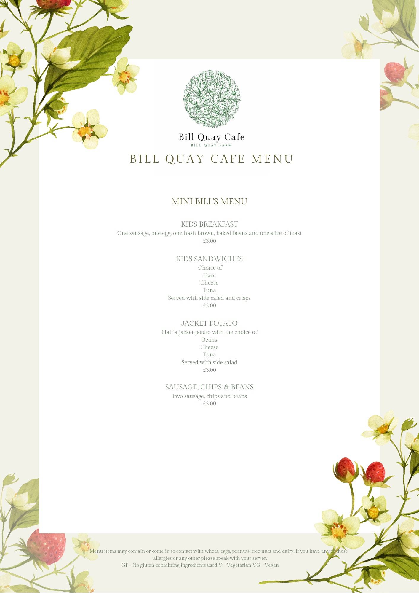 Menu at Bill Quay Cafe, Gateshead