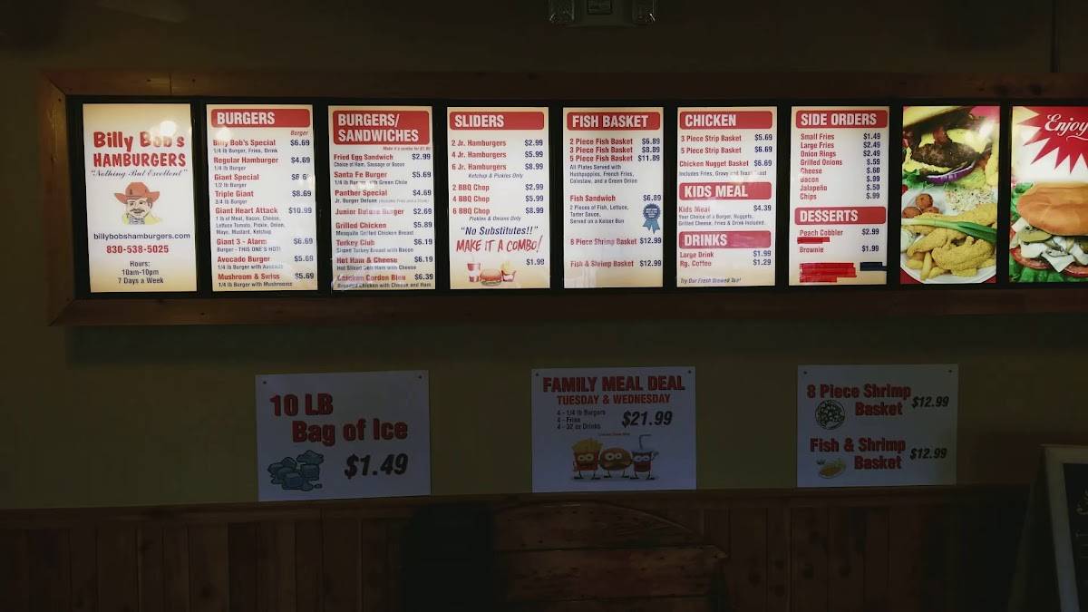 Menu at Billy Bob's Hamburgers restaurant, Castroville, US-90