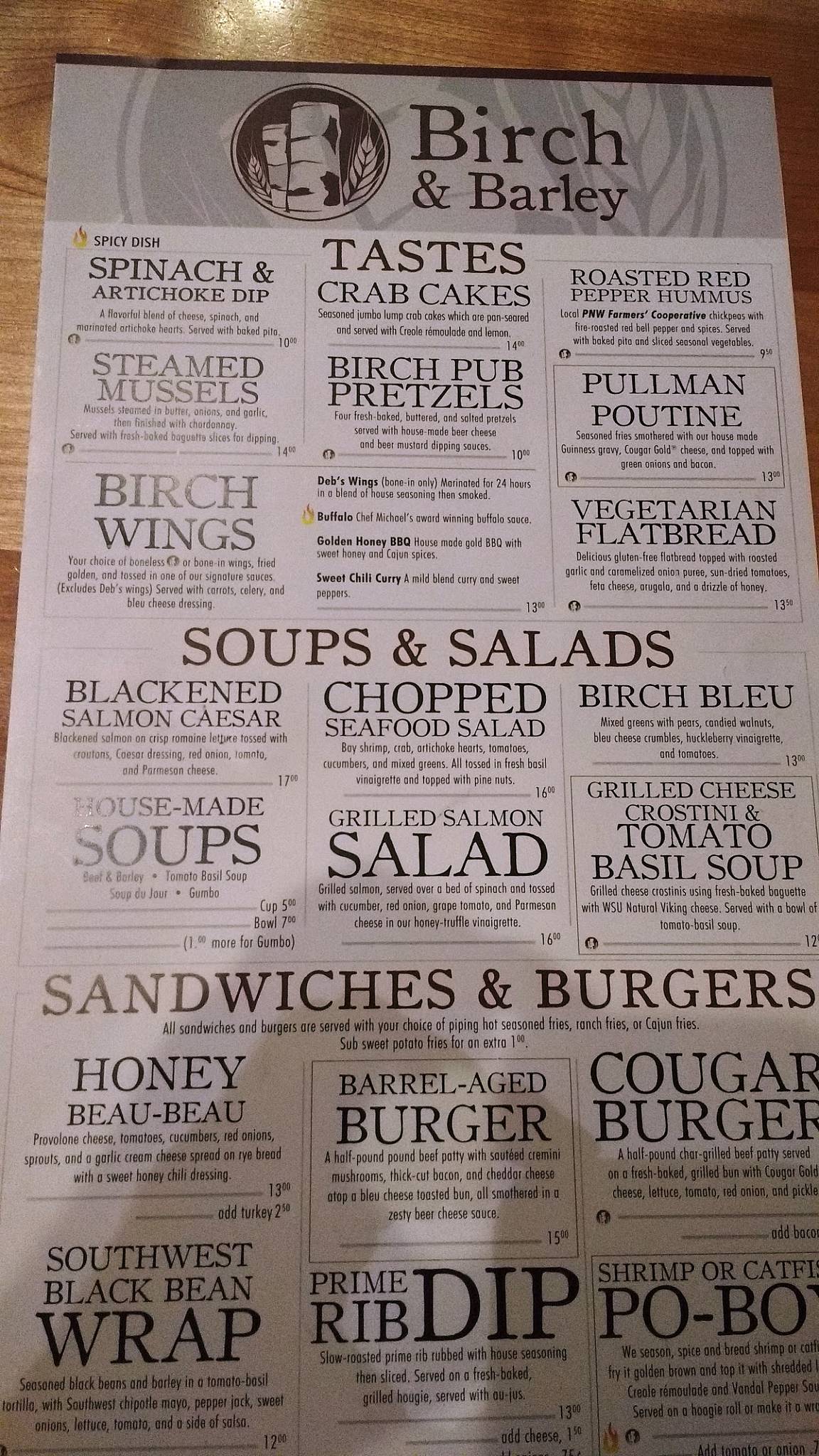 Menu at Birch and Barley, Pullman