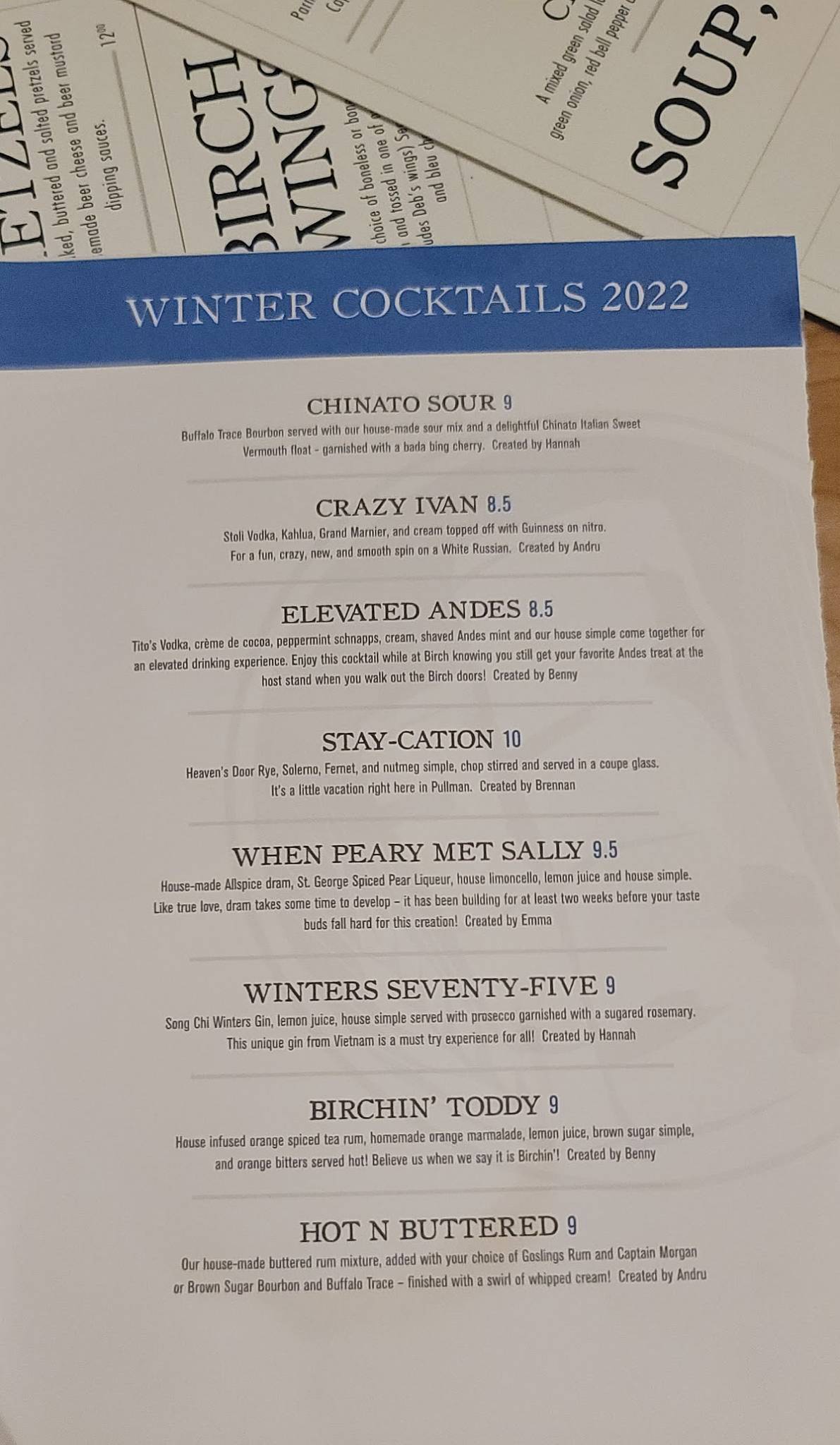 Menu at Birch and Barley, Pullman