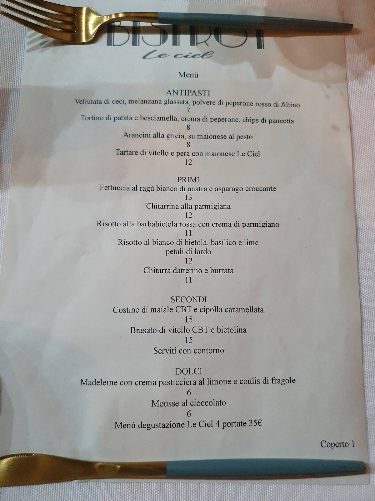 Speisekarte von Bistrot Le Ciel restaurant, Vasto