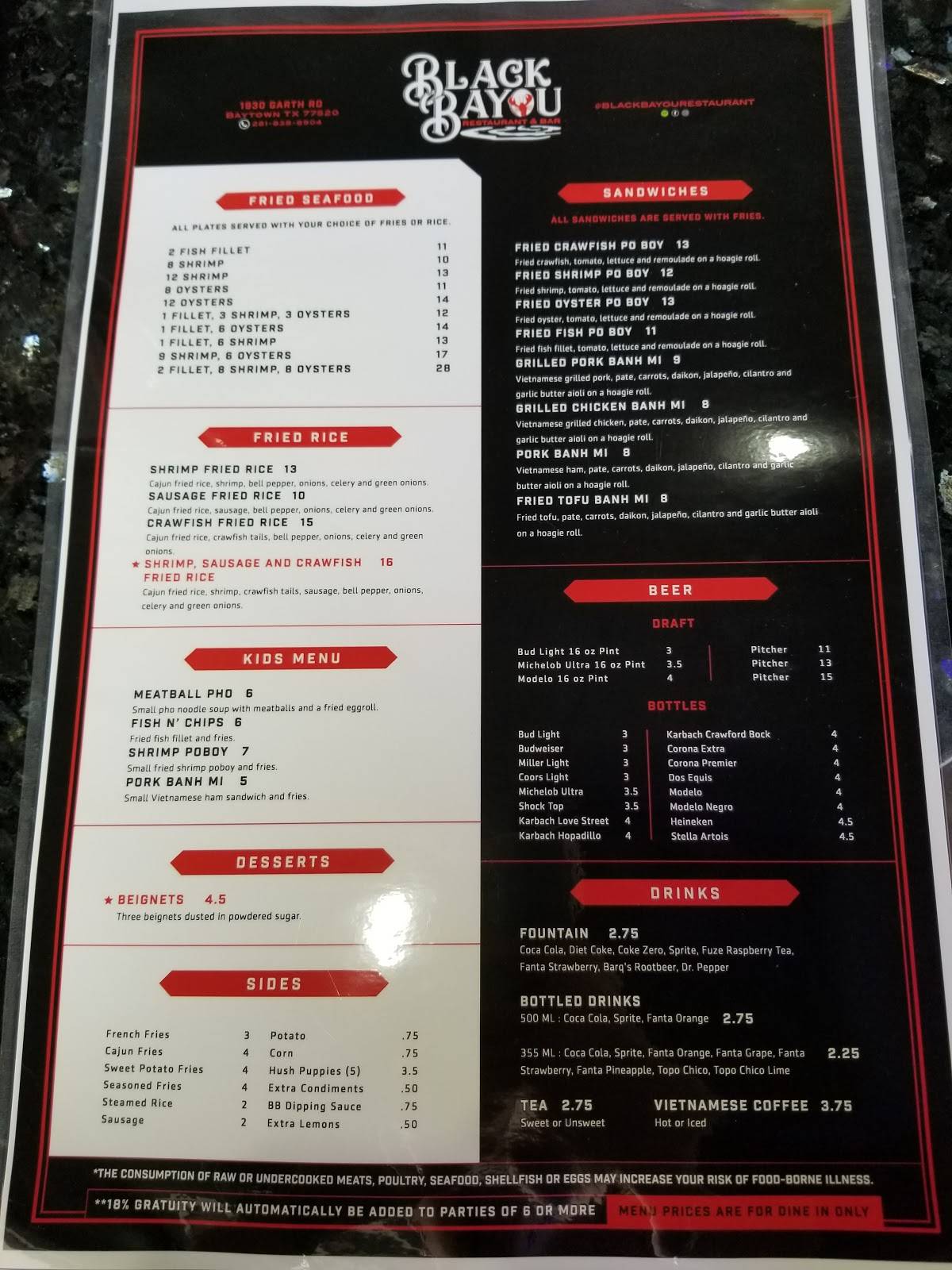 Menu at Black Bayou Seafood & Daiquiri Bar, Baytown