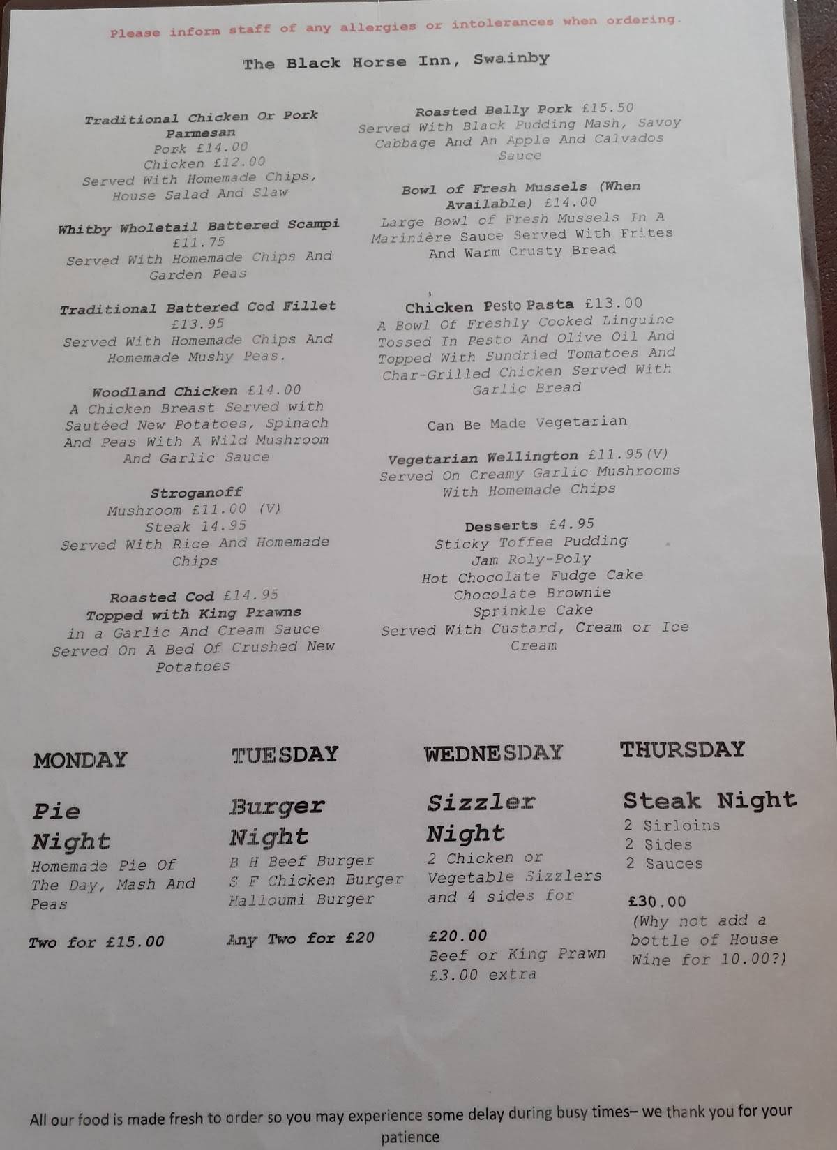 Menu at Black Horse Inn, Swainby pub & bar, Hutton Rudby, 23 High St