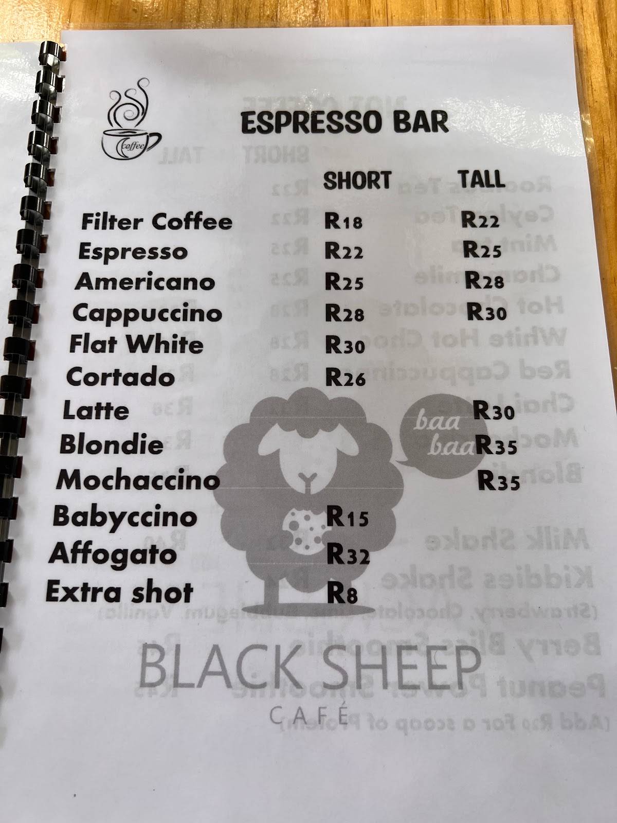 Menu at Black Sheep café restaurant, Bloemfontein