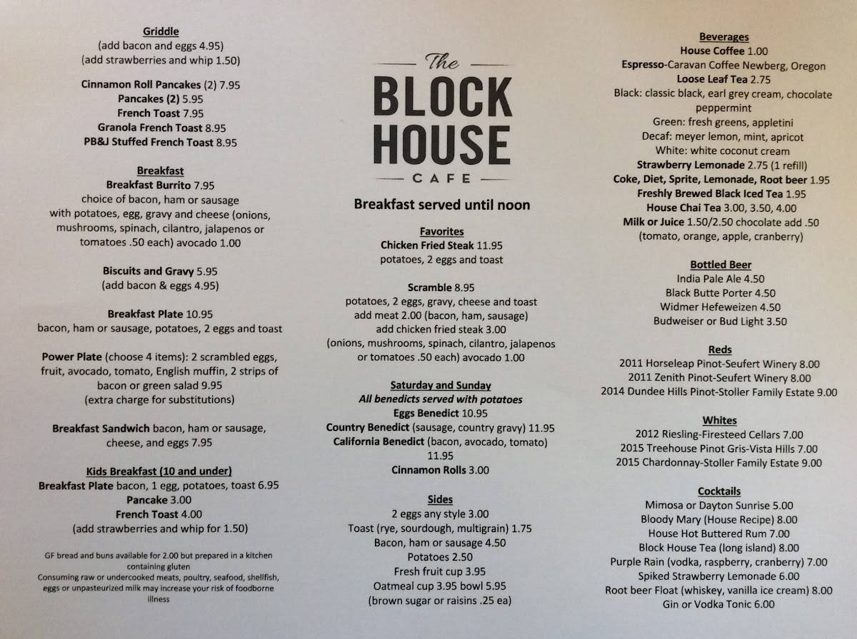 Menu at Block House Cafe, Dayton