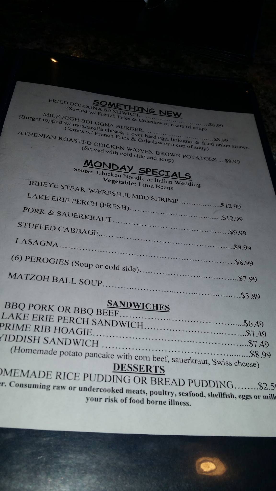Menu at Blue Sky Restaurant, Elyria