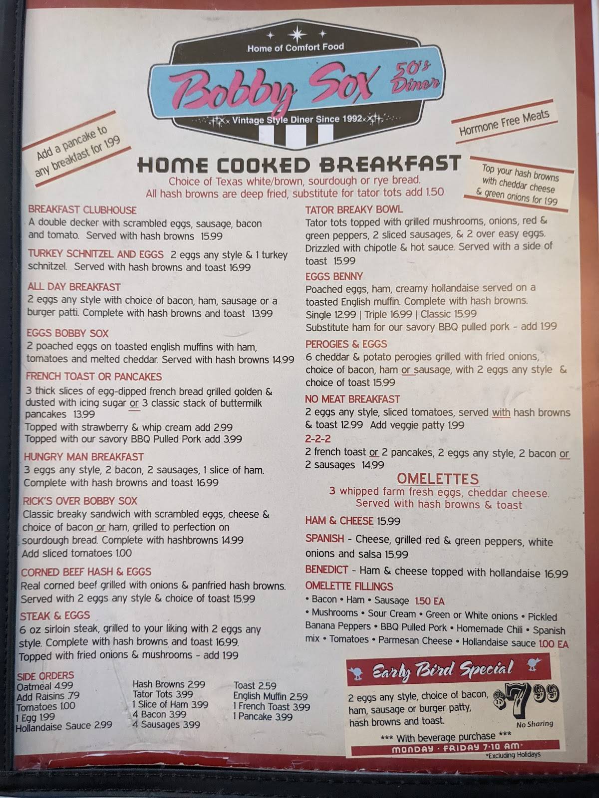 Menu at Bobby Sox 50's Diner restaurant, Maple Ridge