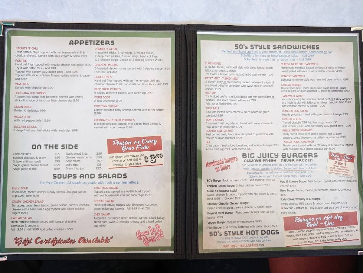 Menu at Bobby Sox 50's Diner restaurant, Maple Ridge