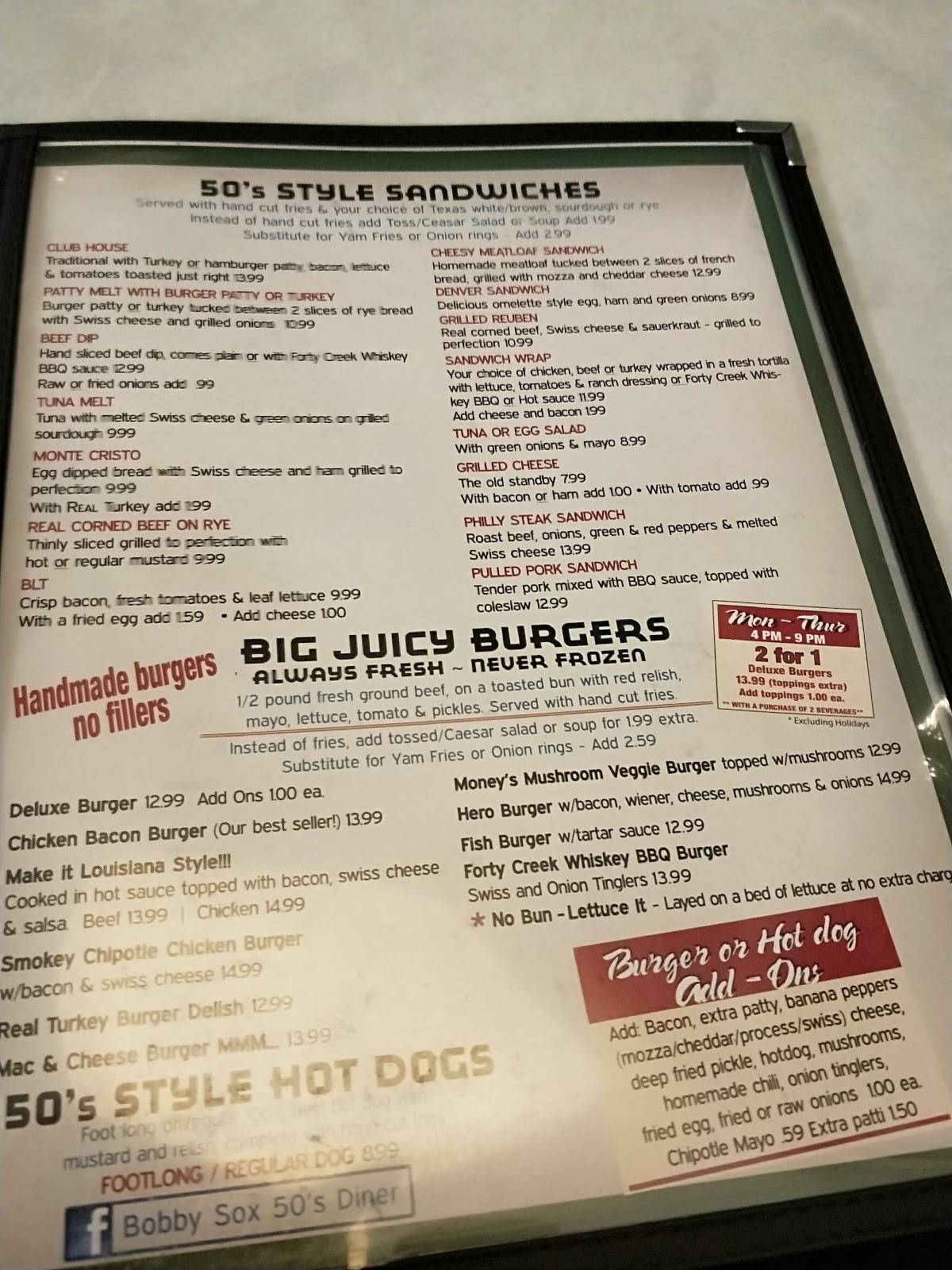 Menu at Bobby Sox 50's Diner restaurant, Maple Ridge