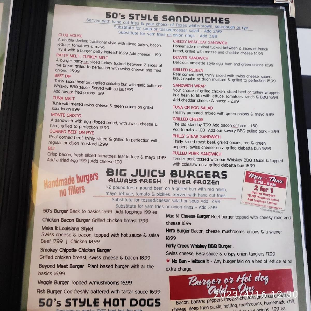 Menu at Bobby Sox 50's Diner restaurant, Maple Ridge