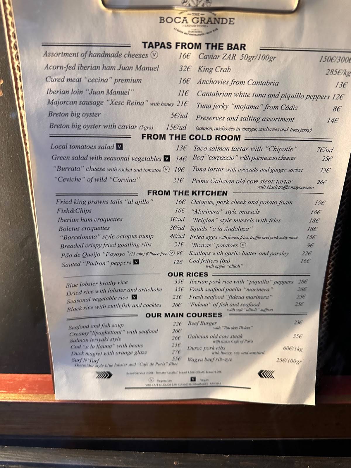 Menu at Boca Grande pub & bar, Barcelona, Passatge de la Concepció