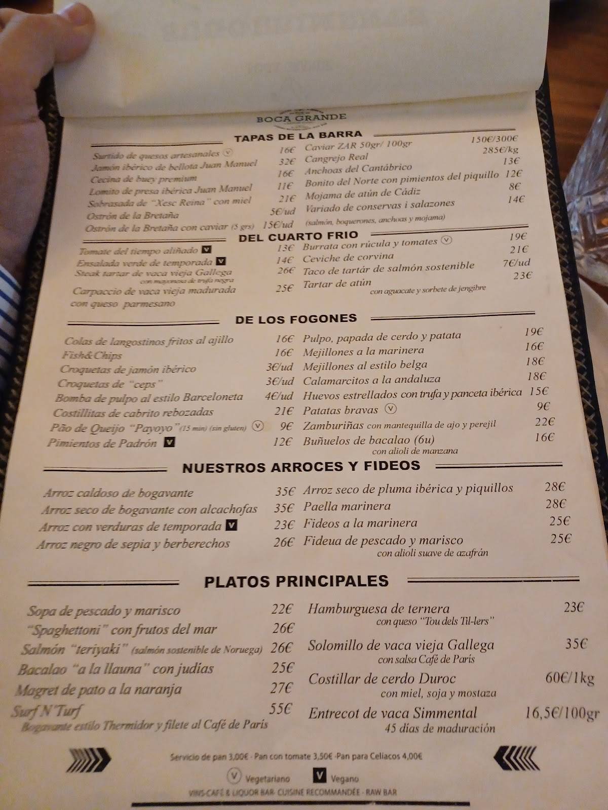 Menu at Boca Grande pub & bar, Barcelona, Passatge de la Concepció