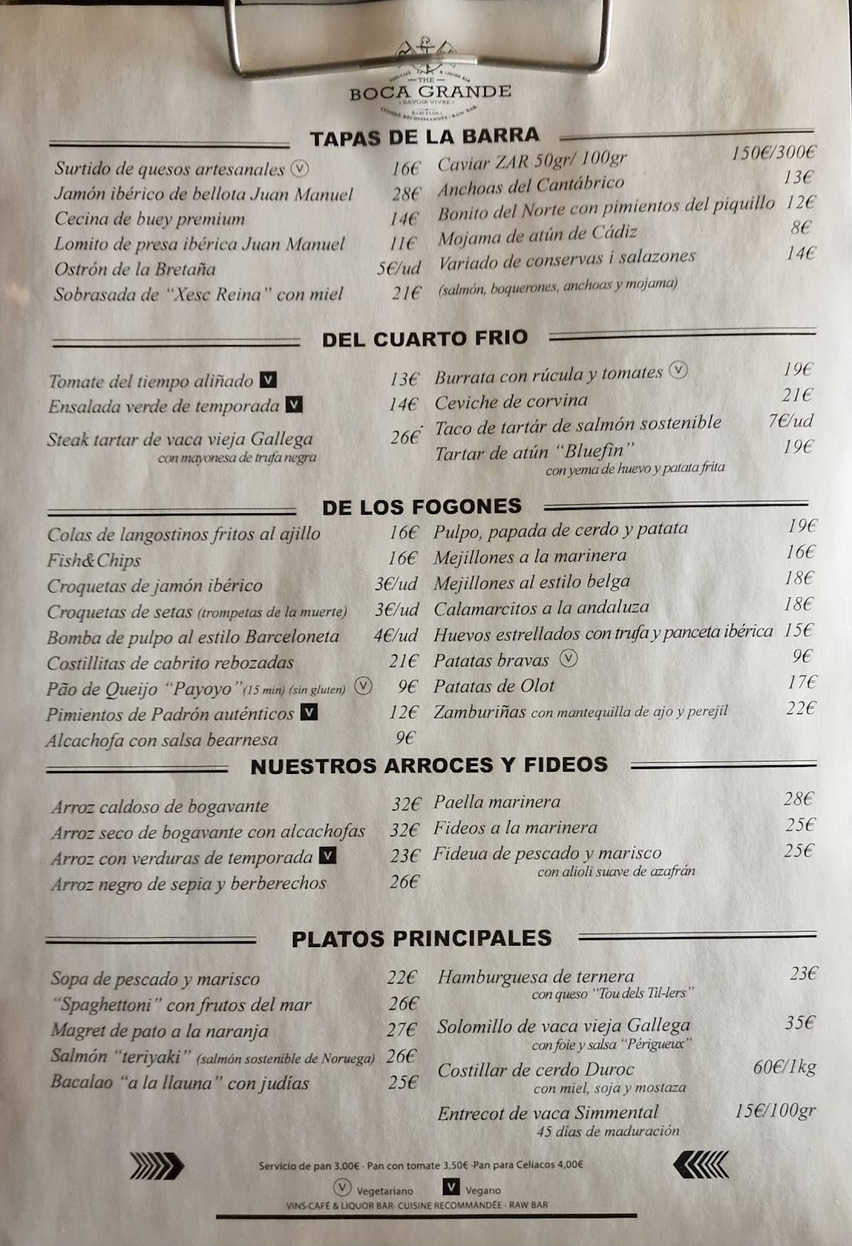 Menu at Boca Grande pub & bar, Barcelona, Passatge de la Concepció