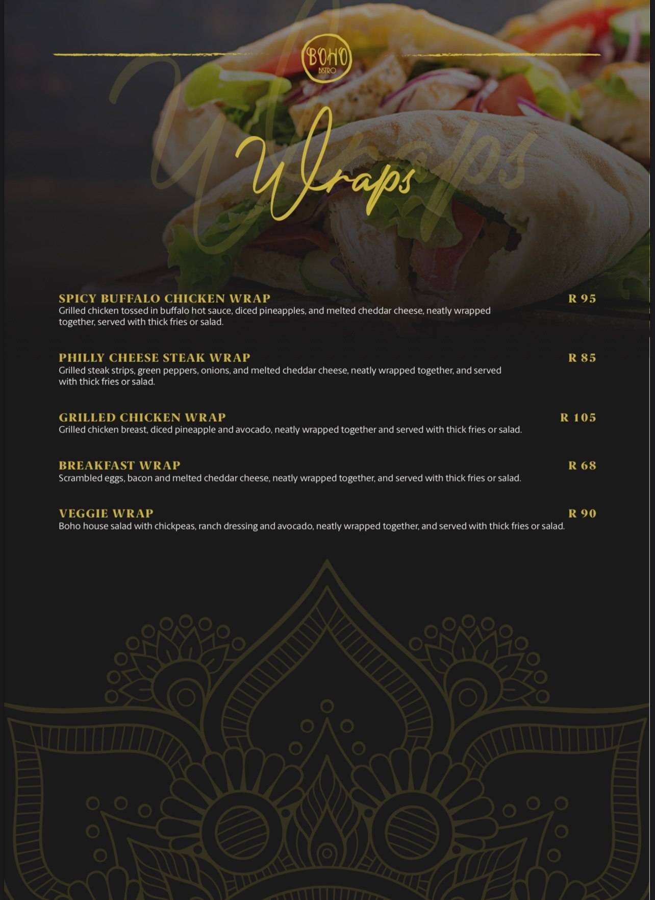 Menu at Boho Bistro restaurant, Bloemfontein