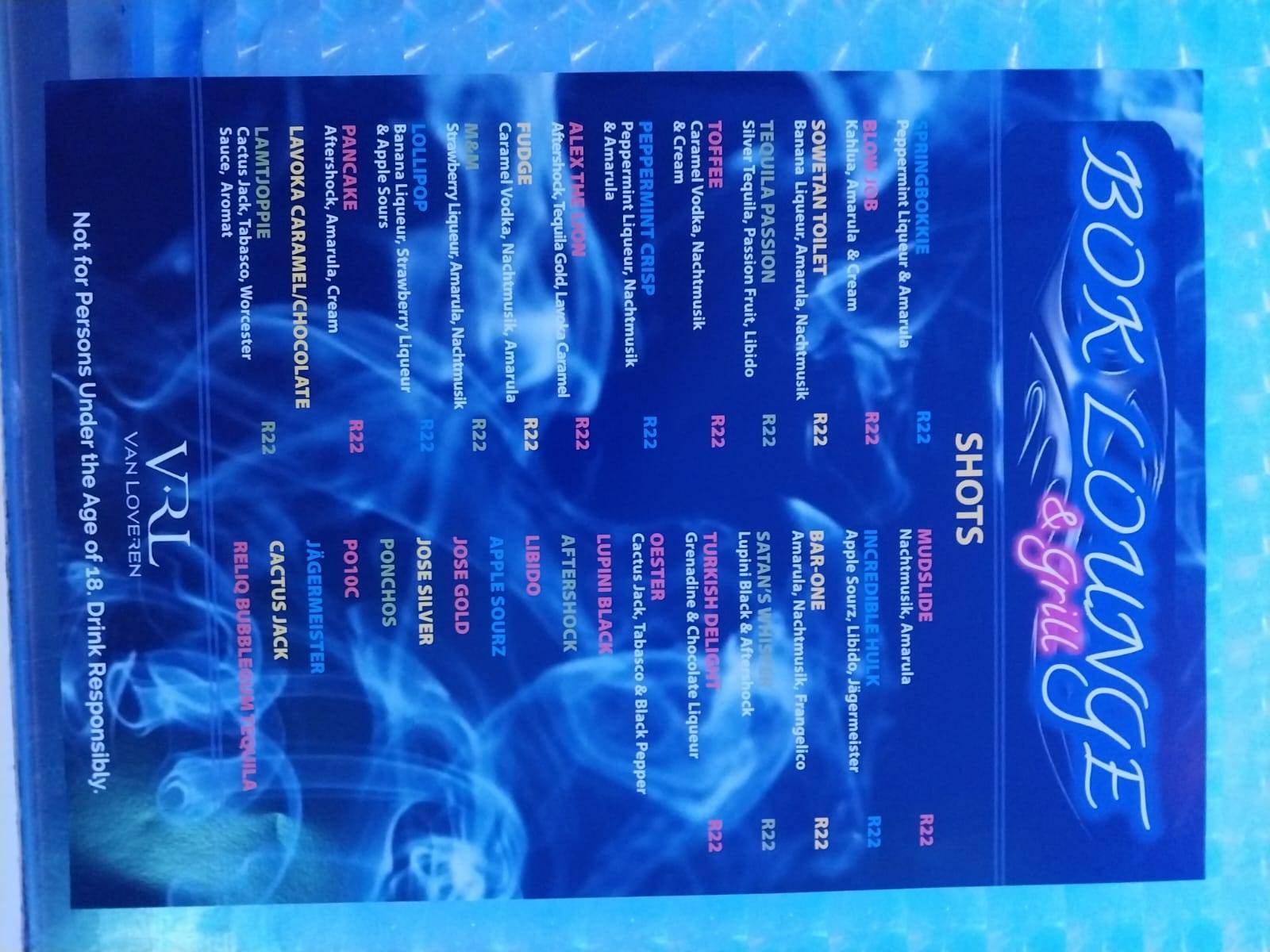 Menu at Bok Lounge & Grill pub & bar, Cape Town