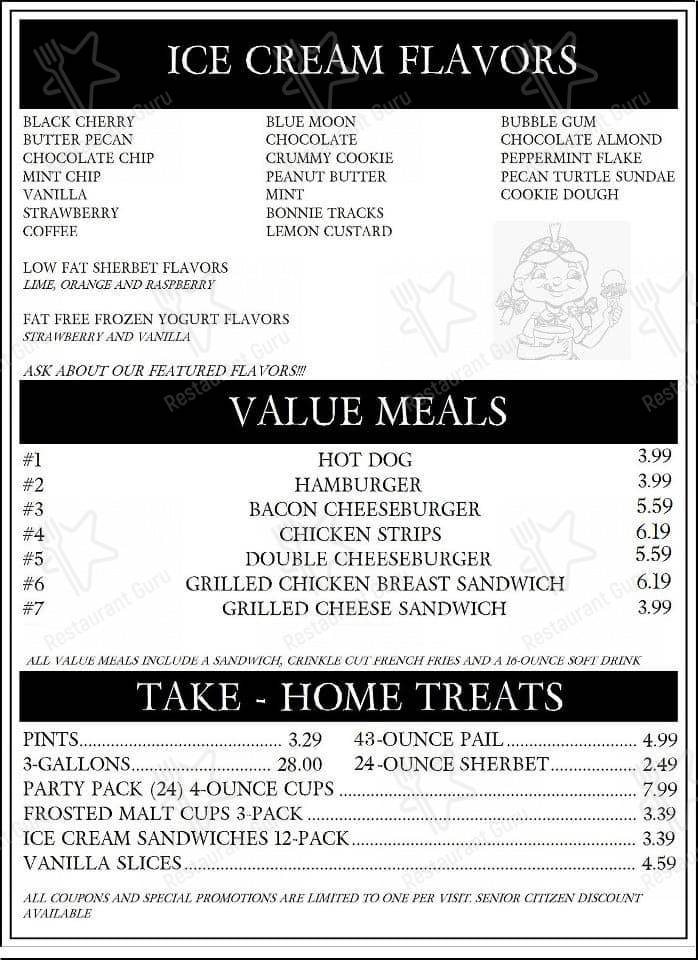 Menu at Bonnie Doon Drive-In restaurant, Mishawaka